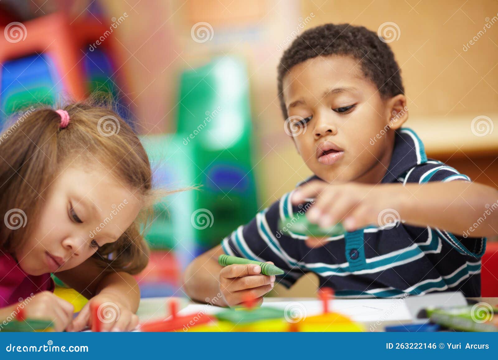 Learning and Developing. Pre-school Ethnic Boy and Girl Scribbling and ...