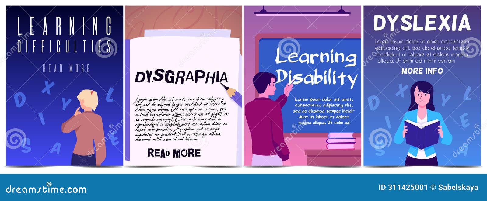 Learning Difficulties, Design Concept on Cards, Flat Cartoon Vector ...