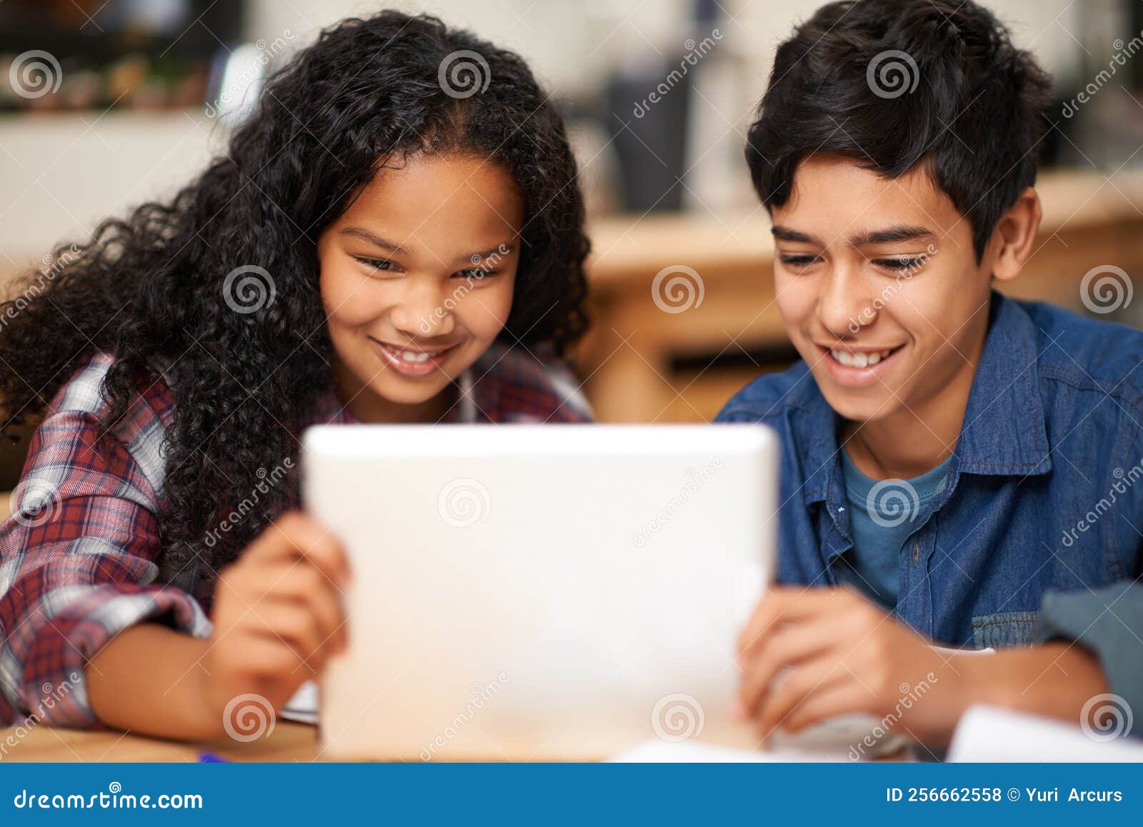 Learning in the Digital Classroom. Two Young Teenagers Using a Digital ...