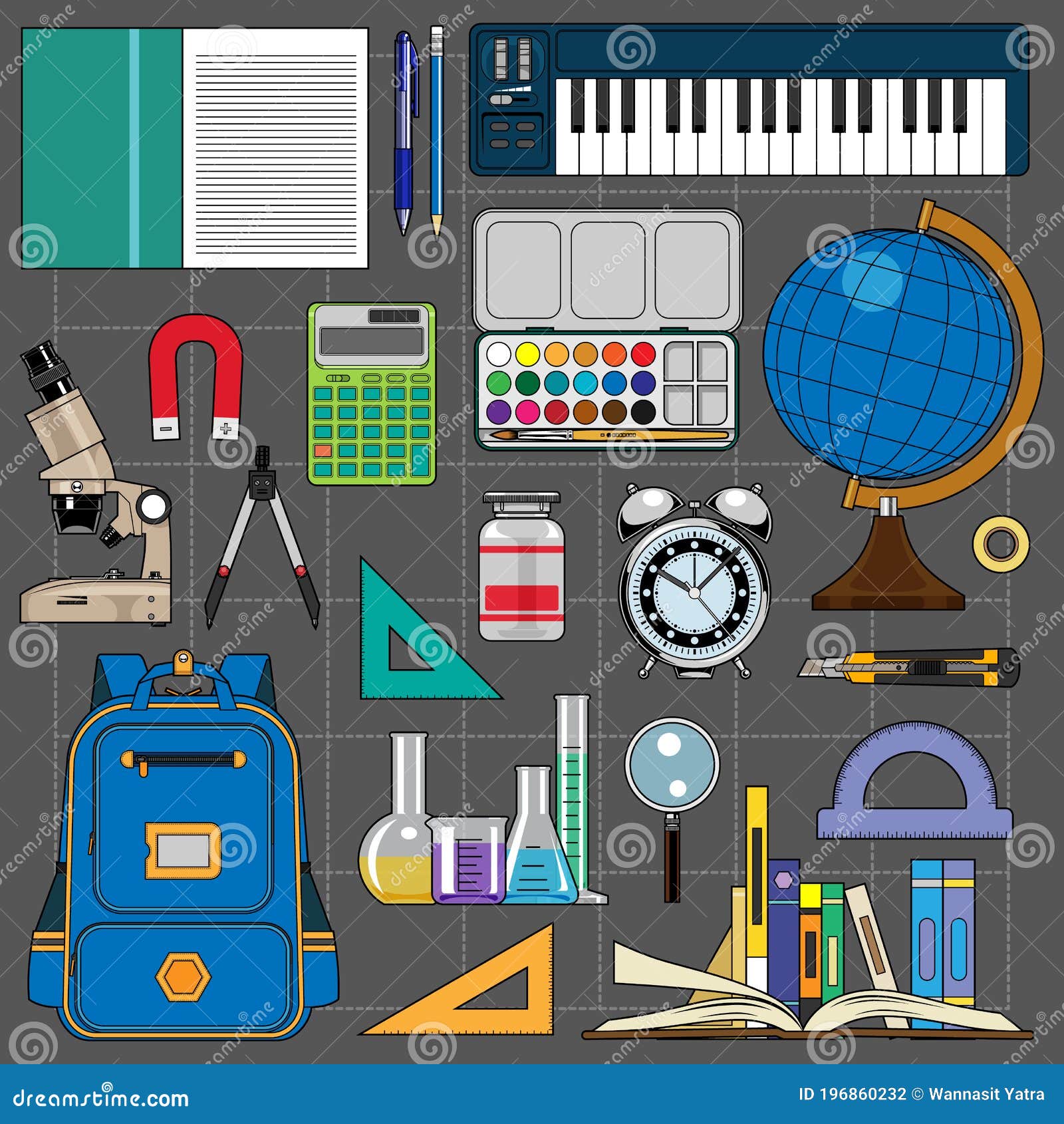 Learning and Education Equipments on Gray Background Stock Vector ...