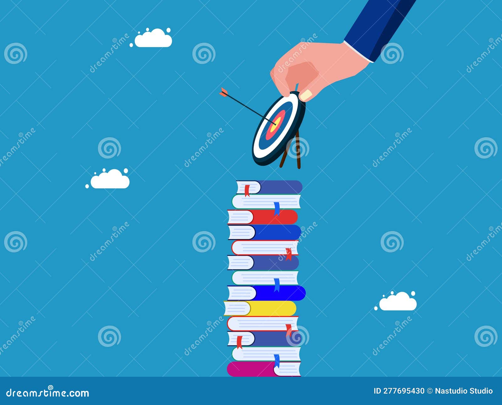 Learning or Education Goals. Businessman Hand Targeting Stack of Books ...