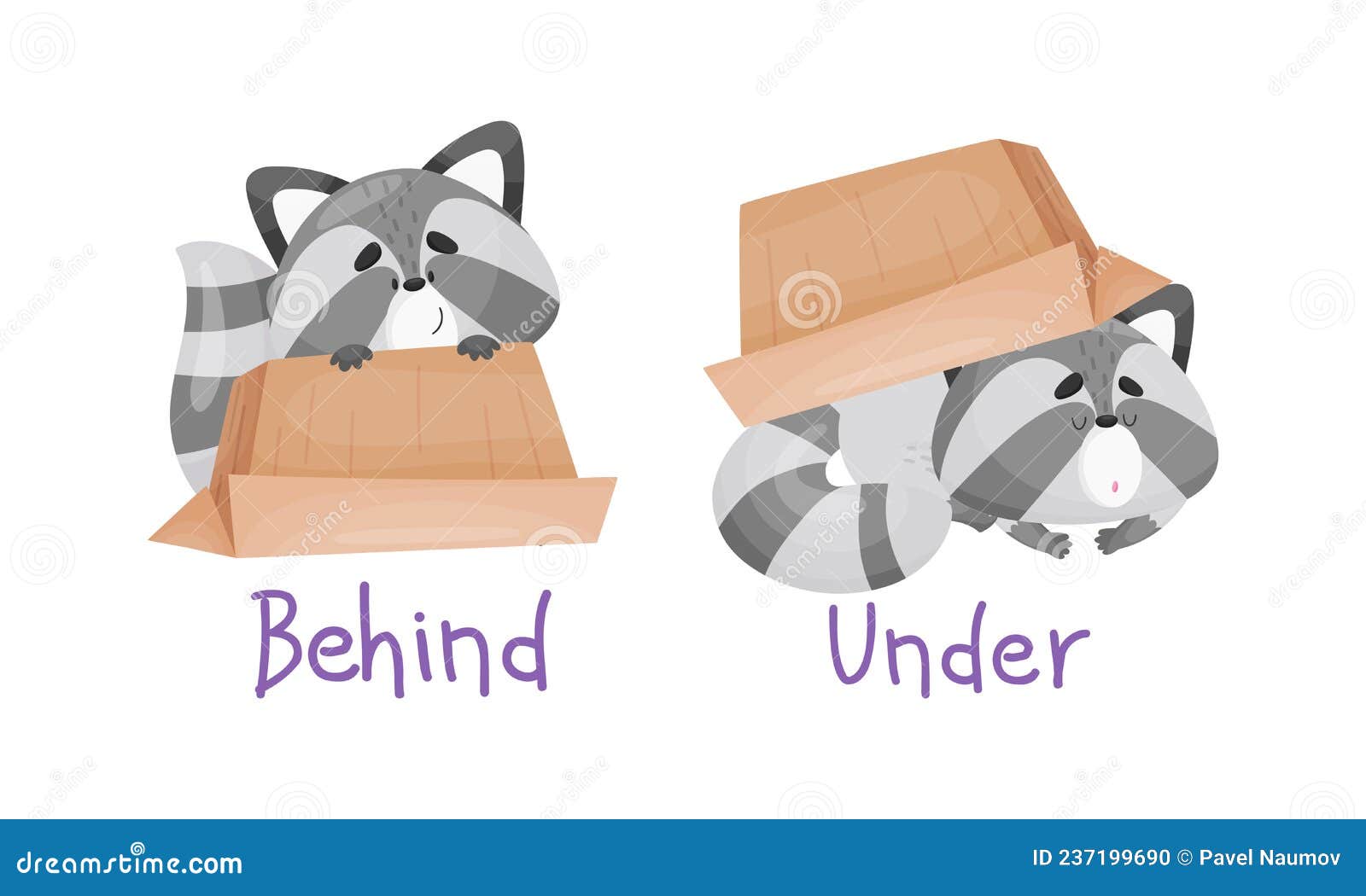 Learning English Preposition Set. Cute Cat Behind and Under the Box ...