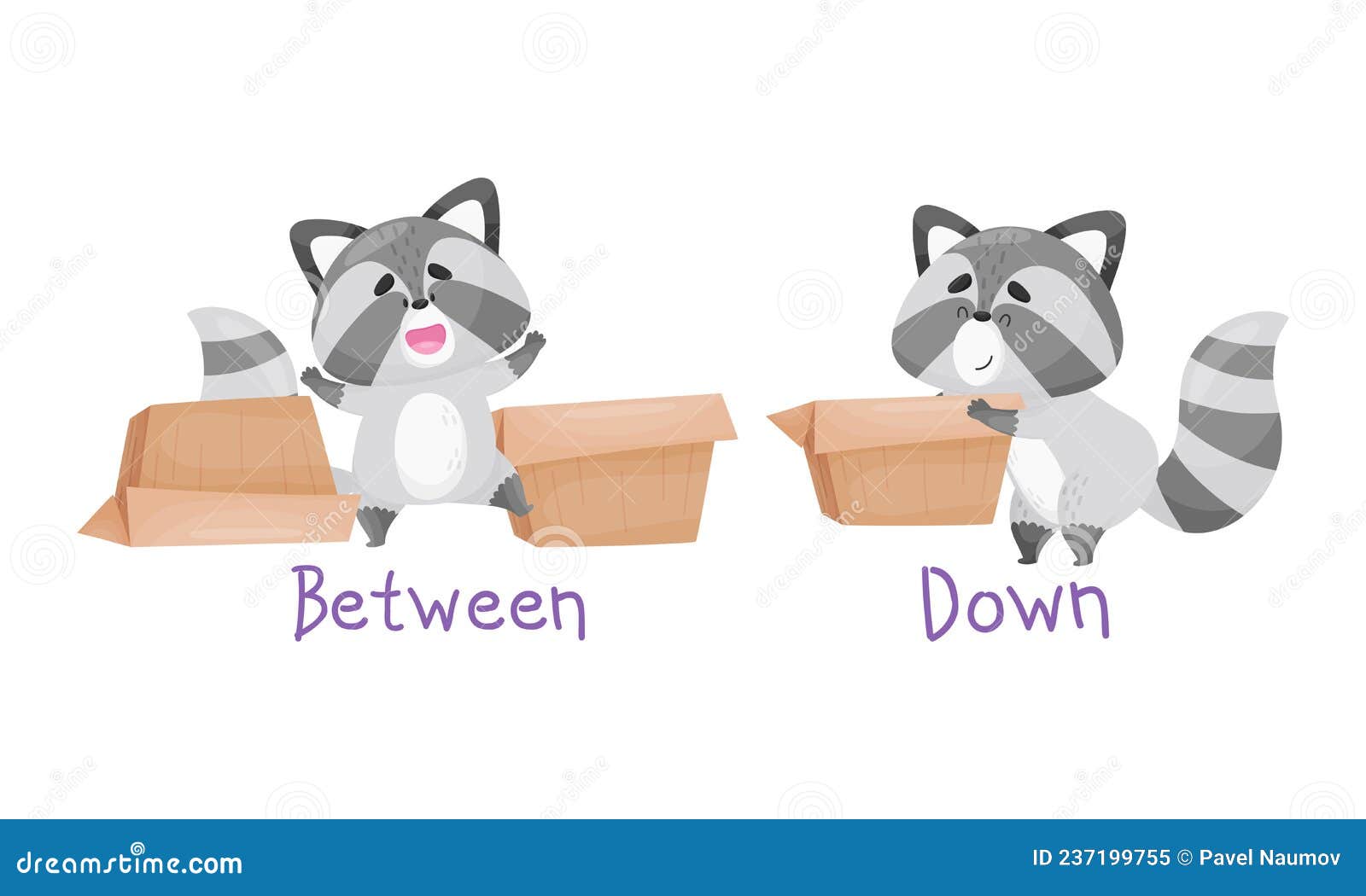 Learning English Preposition Set. Cute Cat between and Down the Box ...