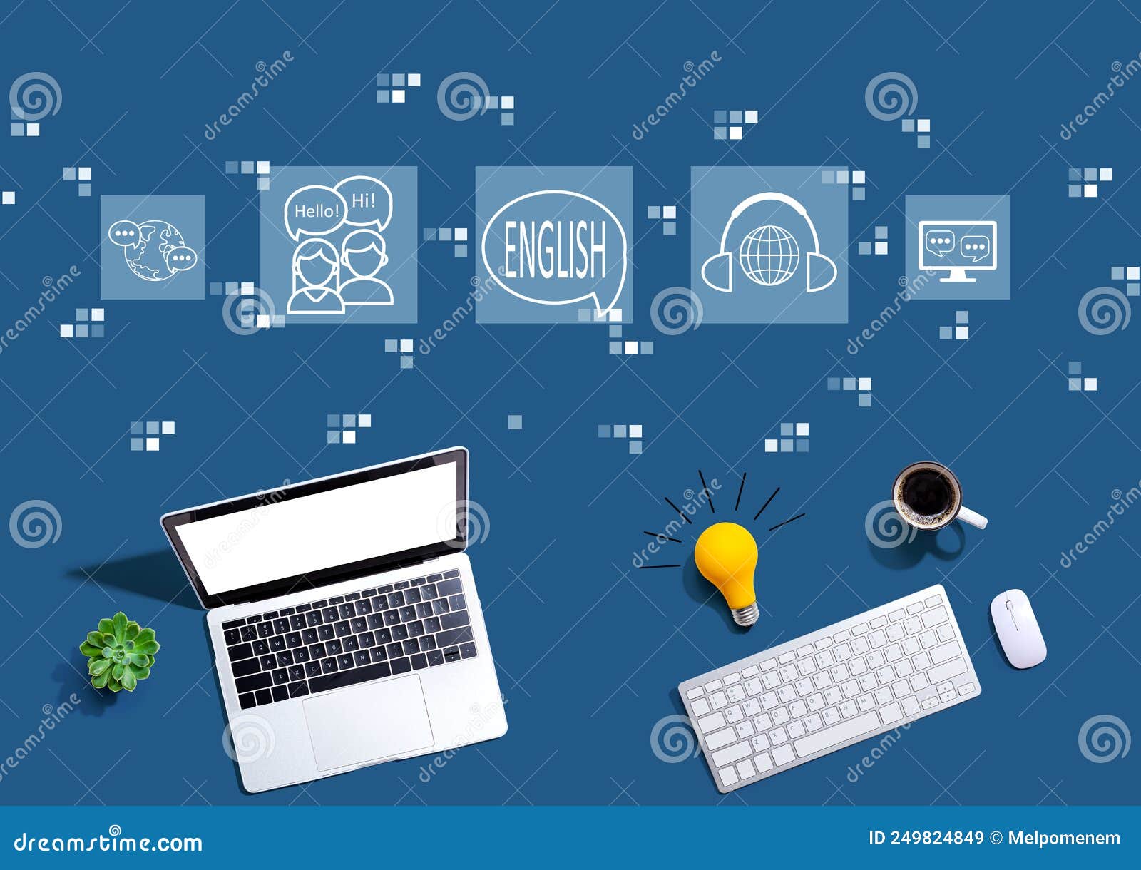 Learning English Theme with Computers with a Light Bulb Stock Image ...