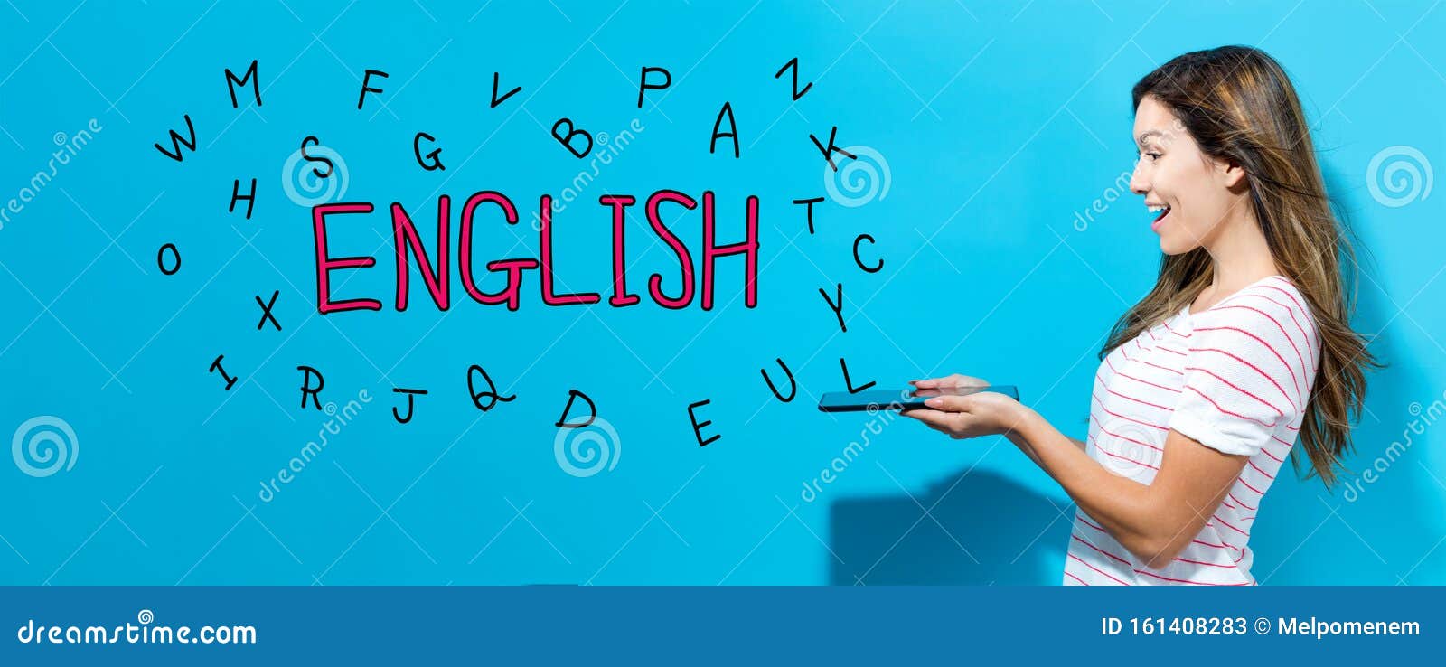 Learning English Theme with Woman Using a Tablet Stock Image - Image of ...