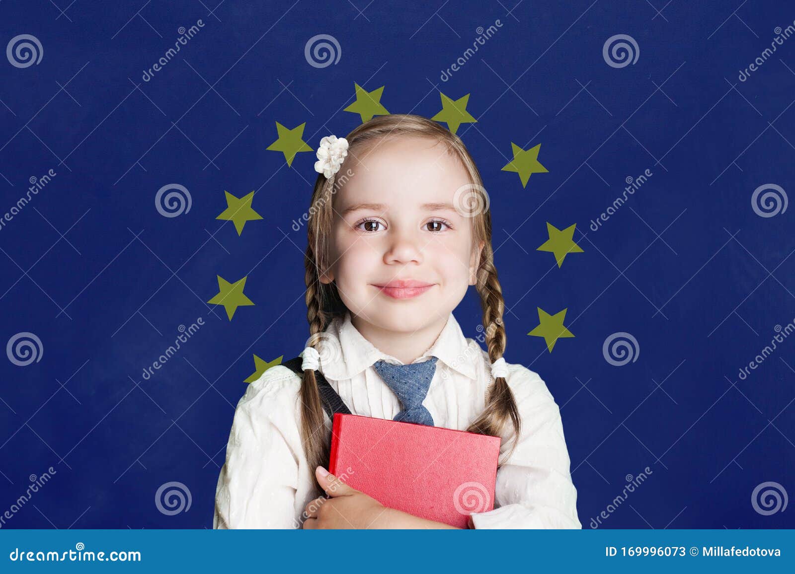 Learning European Language. Smart Child Girl on the EU Flag Background ... Learning European Language. Smart Child Girl on the EU Flag Background ...
