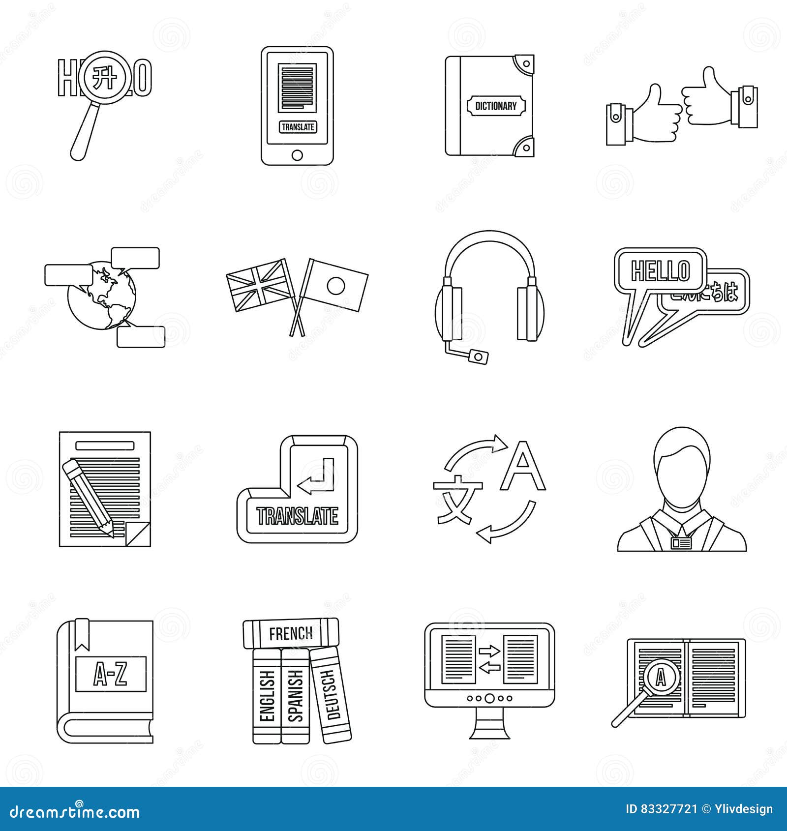 Learning Foreign Languages Icons Set Outline Style Stock Vector
