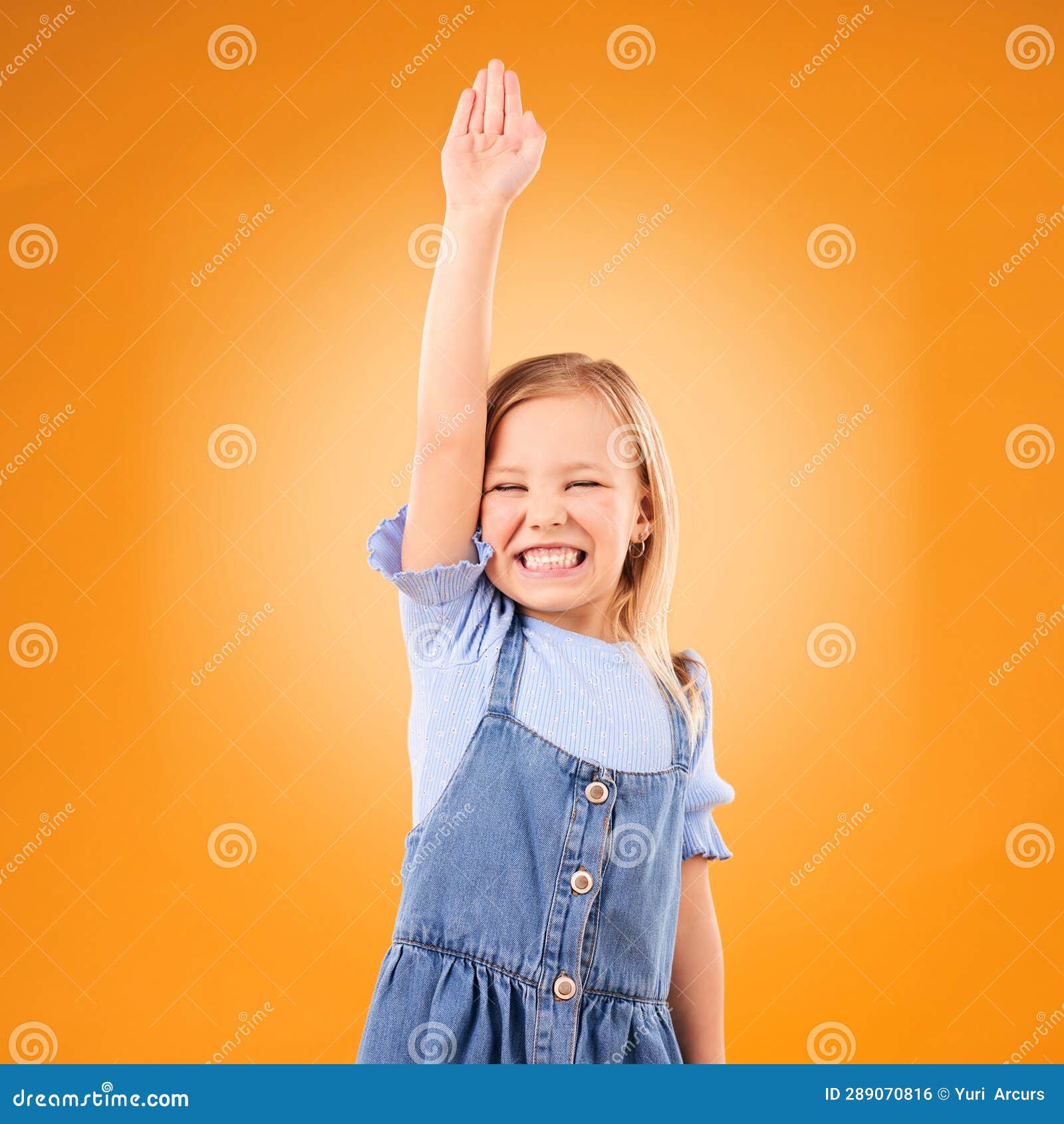 Learning, Hands Raised and Happy Kid with Question in Studio Isolated ...