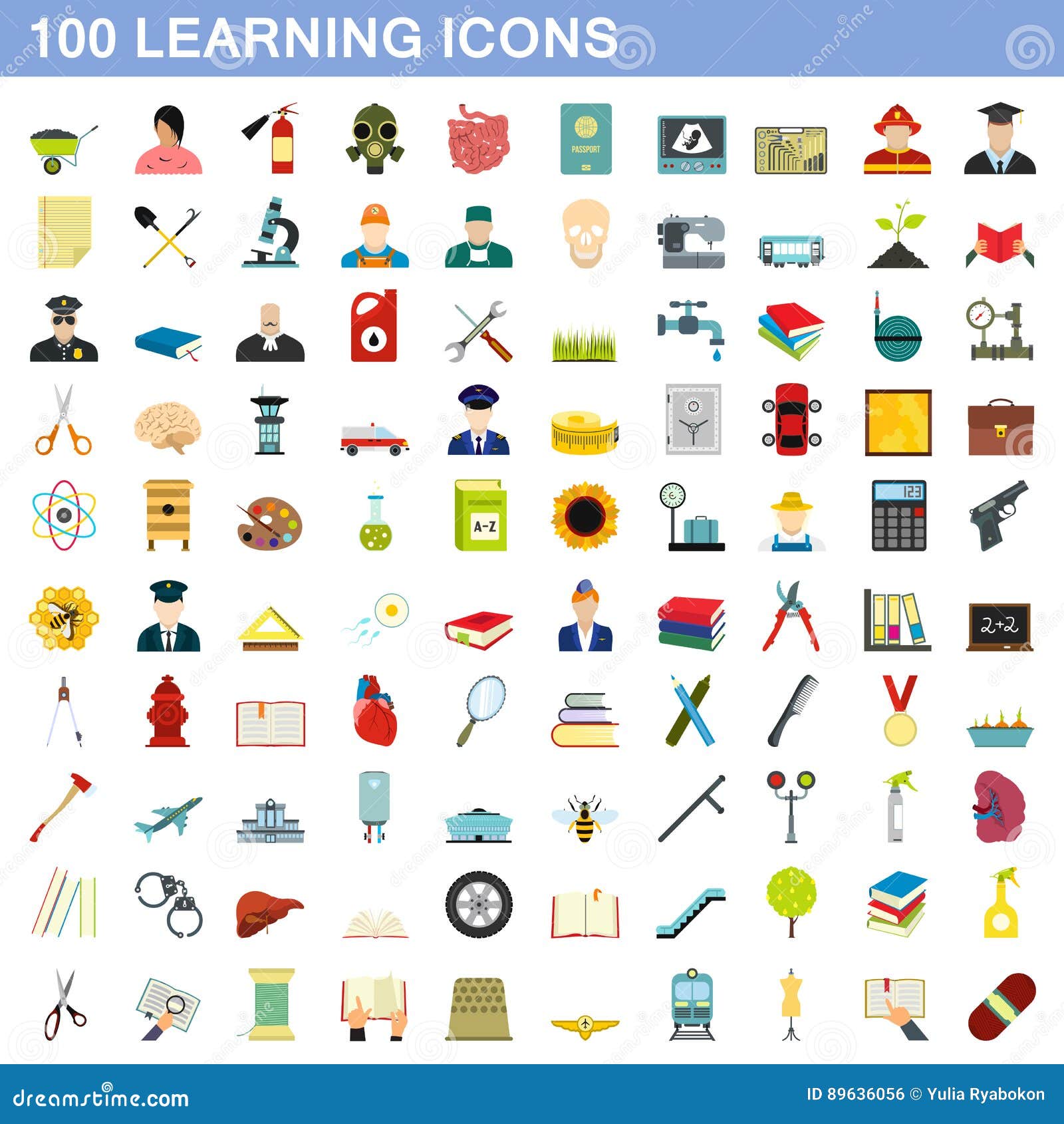 100 Learning Icons Set, Flat Style Stock Vector - Illustration of ...
