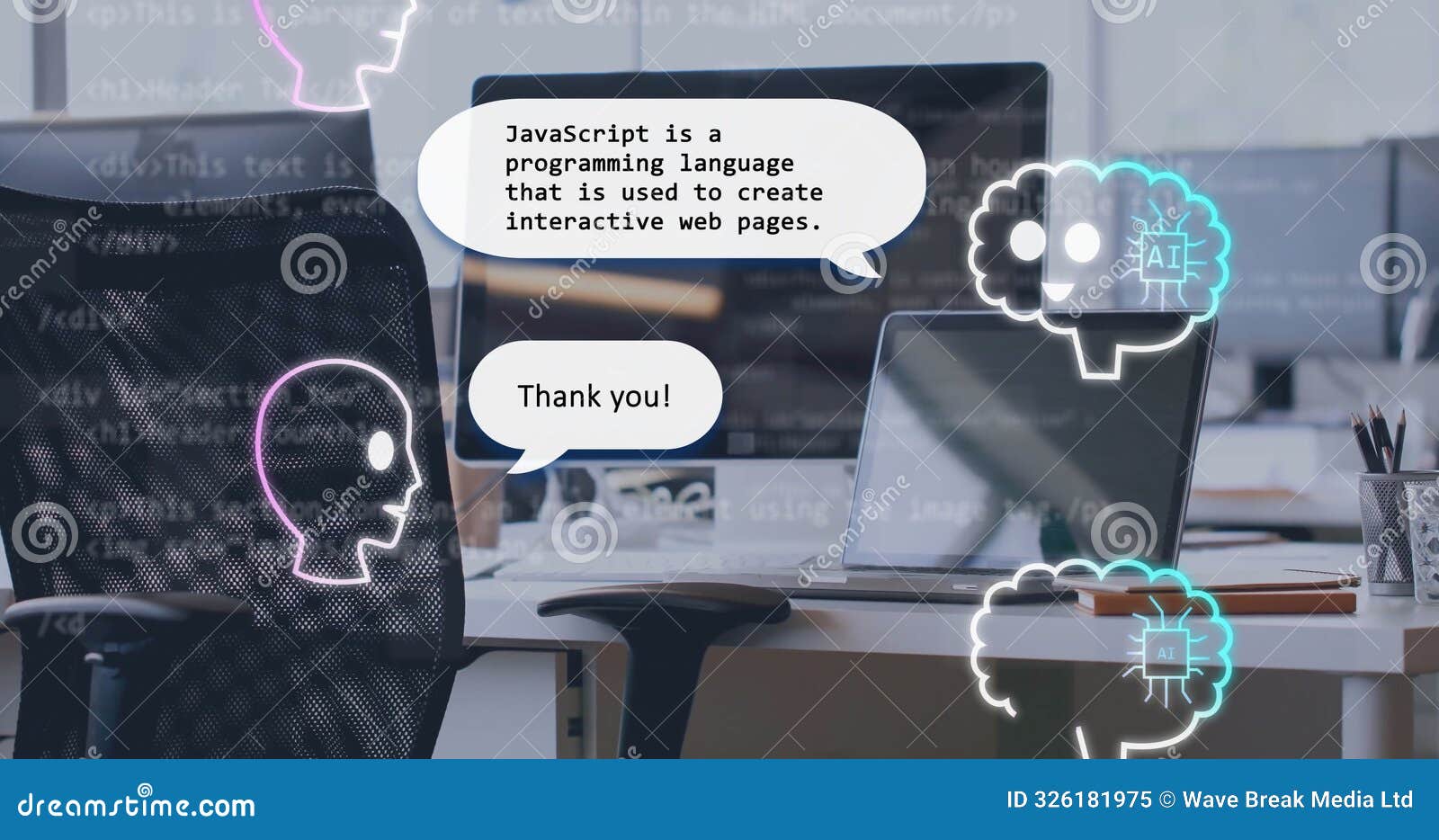 Learning JavaScript, AI Icons and Text Bubbles on Computer Screen in ...