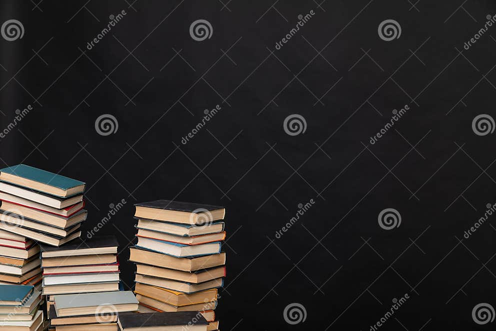 Learning Library Science Stack of Books on a Black Background Stock ...