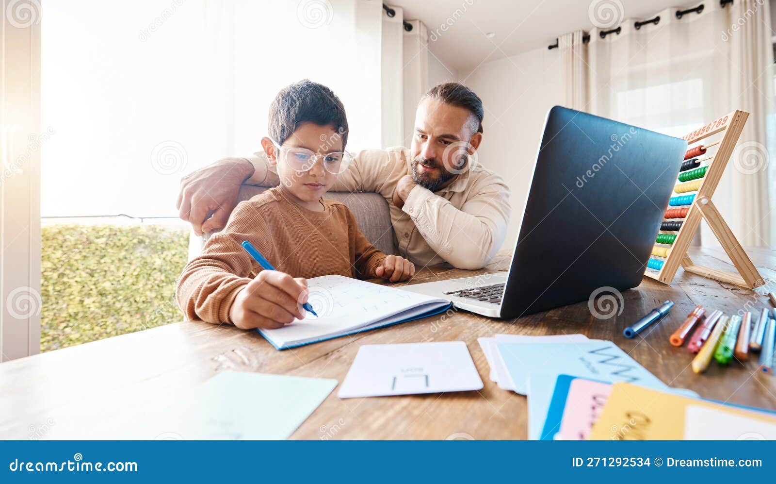 Learning, Math Education and Father with Kid in Home with Book for ...