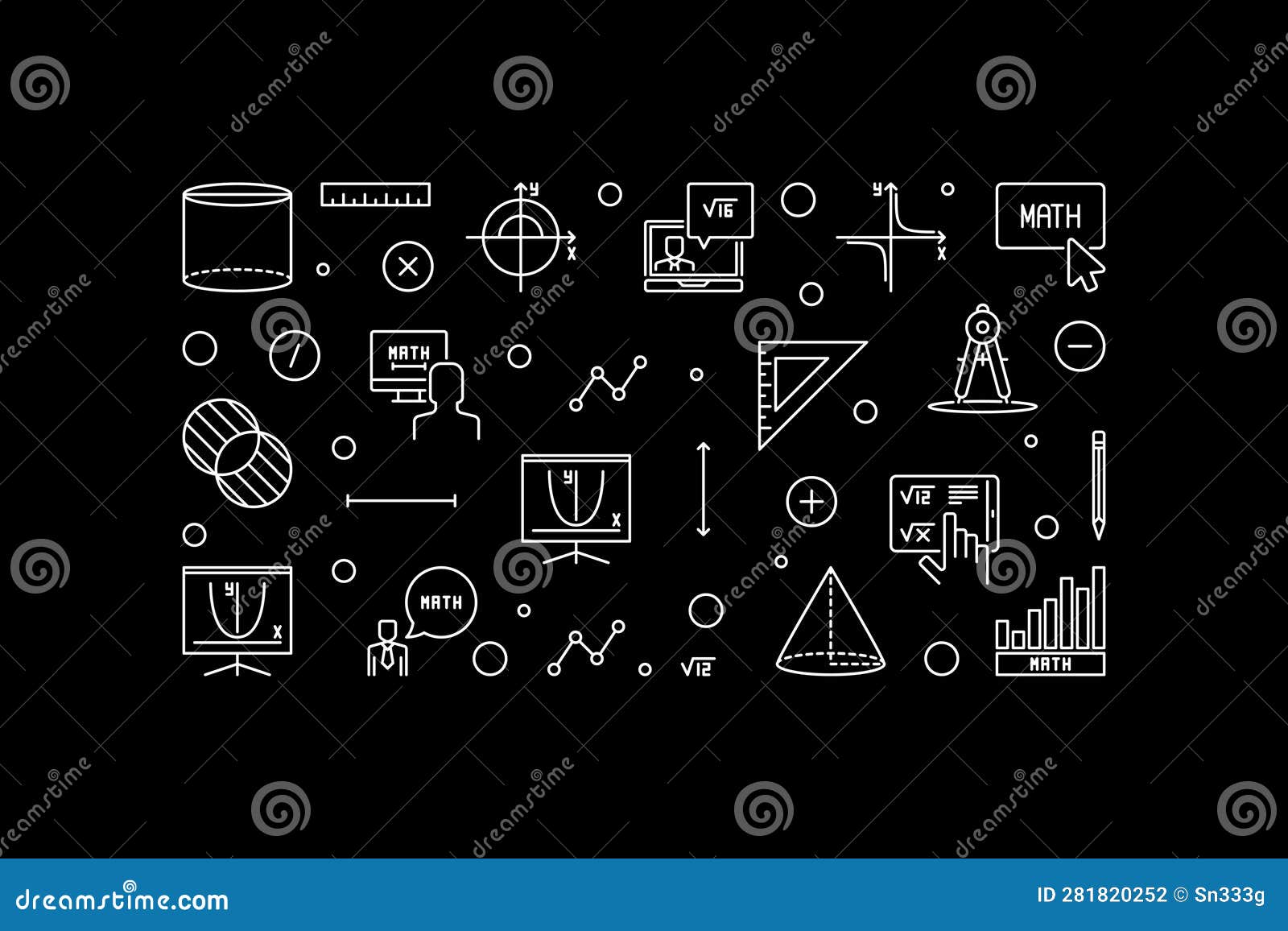Learning Mathematics Vector Outline Dark Horizontal Banner. Math ...