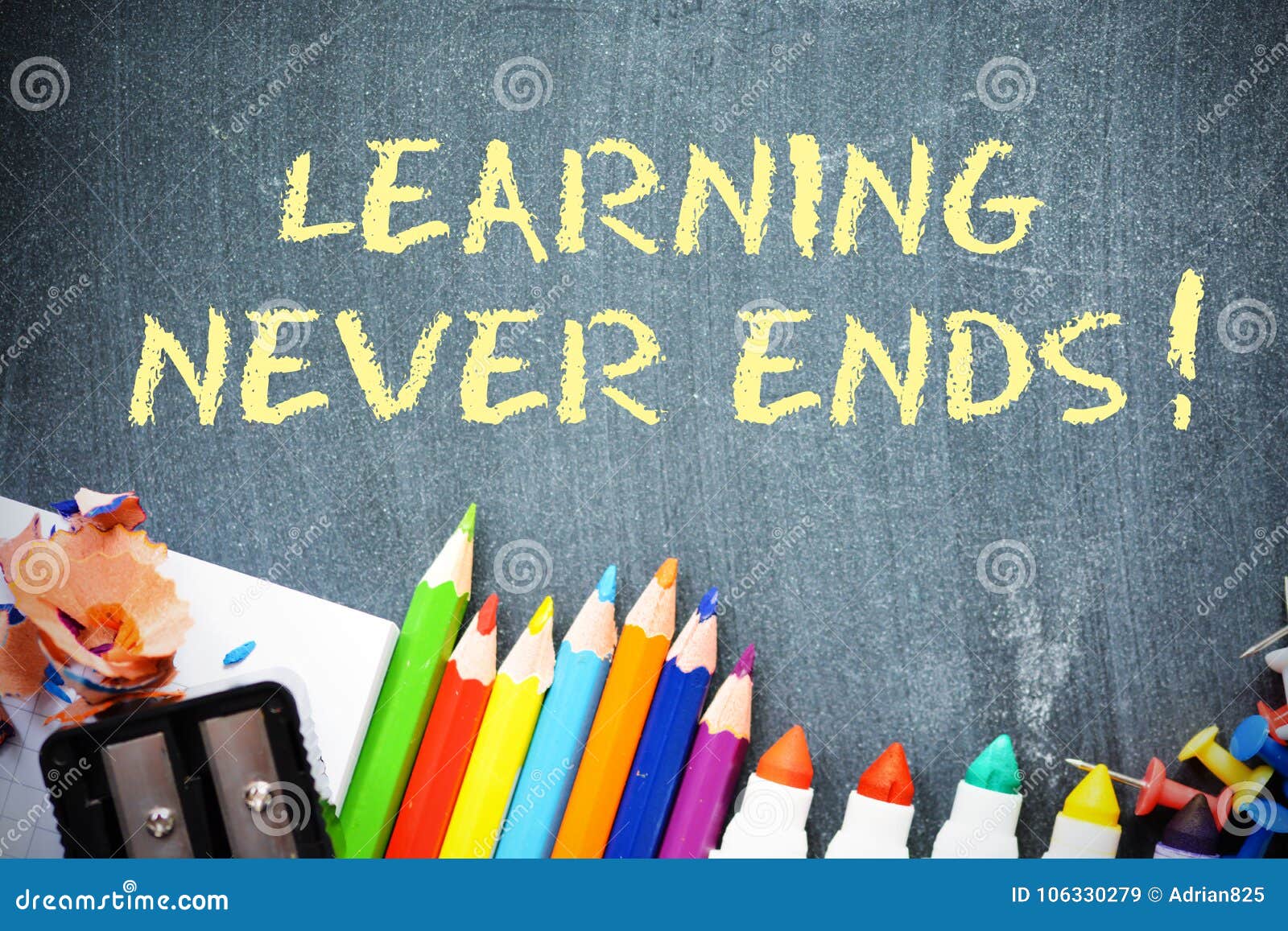 Learning Never Ends Text on Blackboard with Office Tools Stock Image ... Learning Never Ends Text on Blackboard with Office Tools Stock Image ...