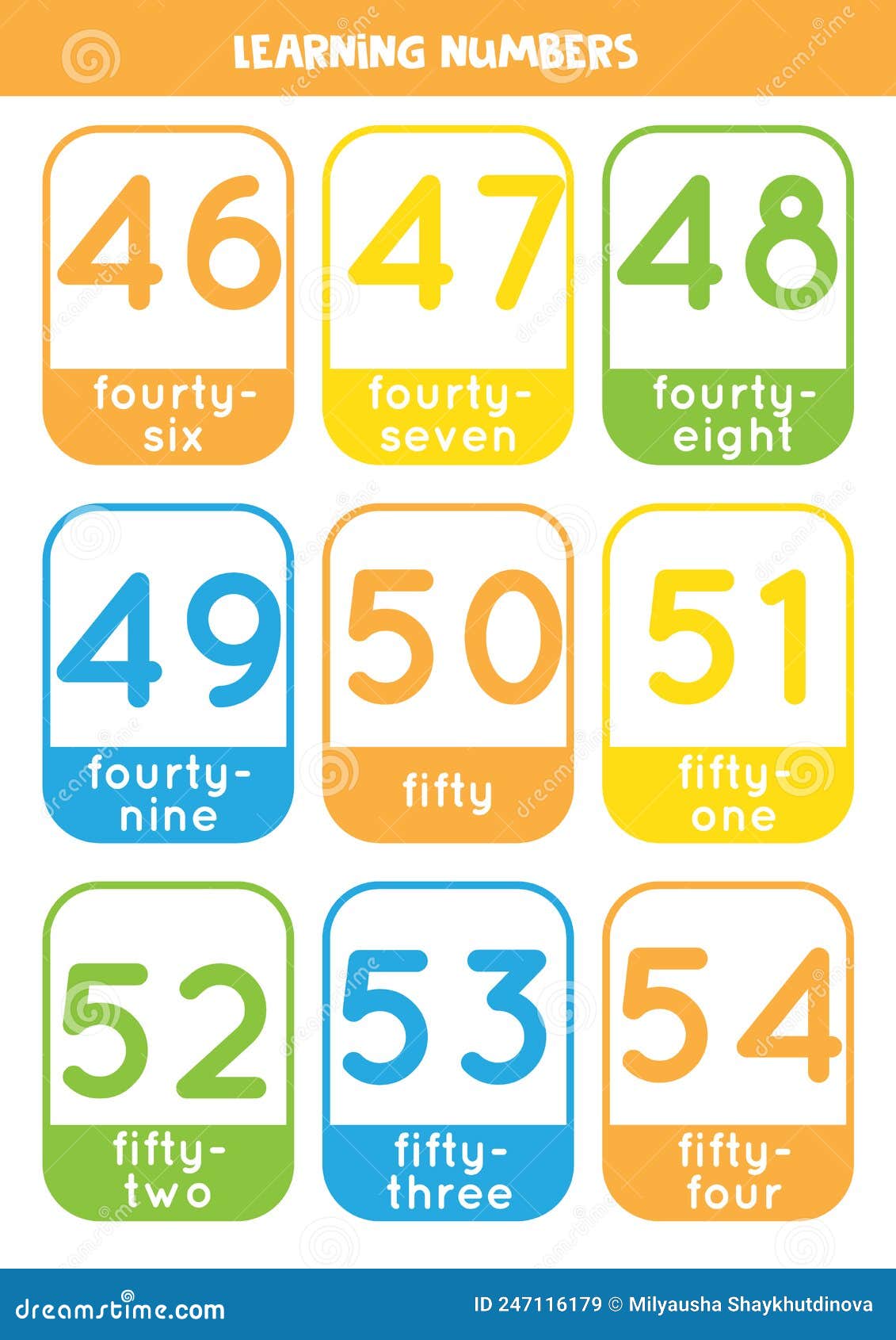Learning Numbers Cards from 46 To 54. Colorful Flashcards. Stock Vector ... Learning Numbers Cards from 46 To 54. Colorful Flashcards. Stock Vector ...