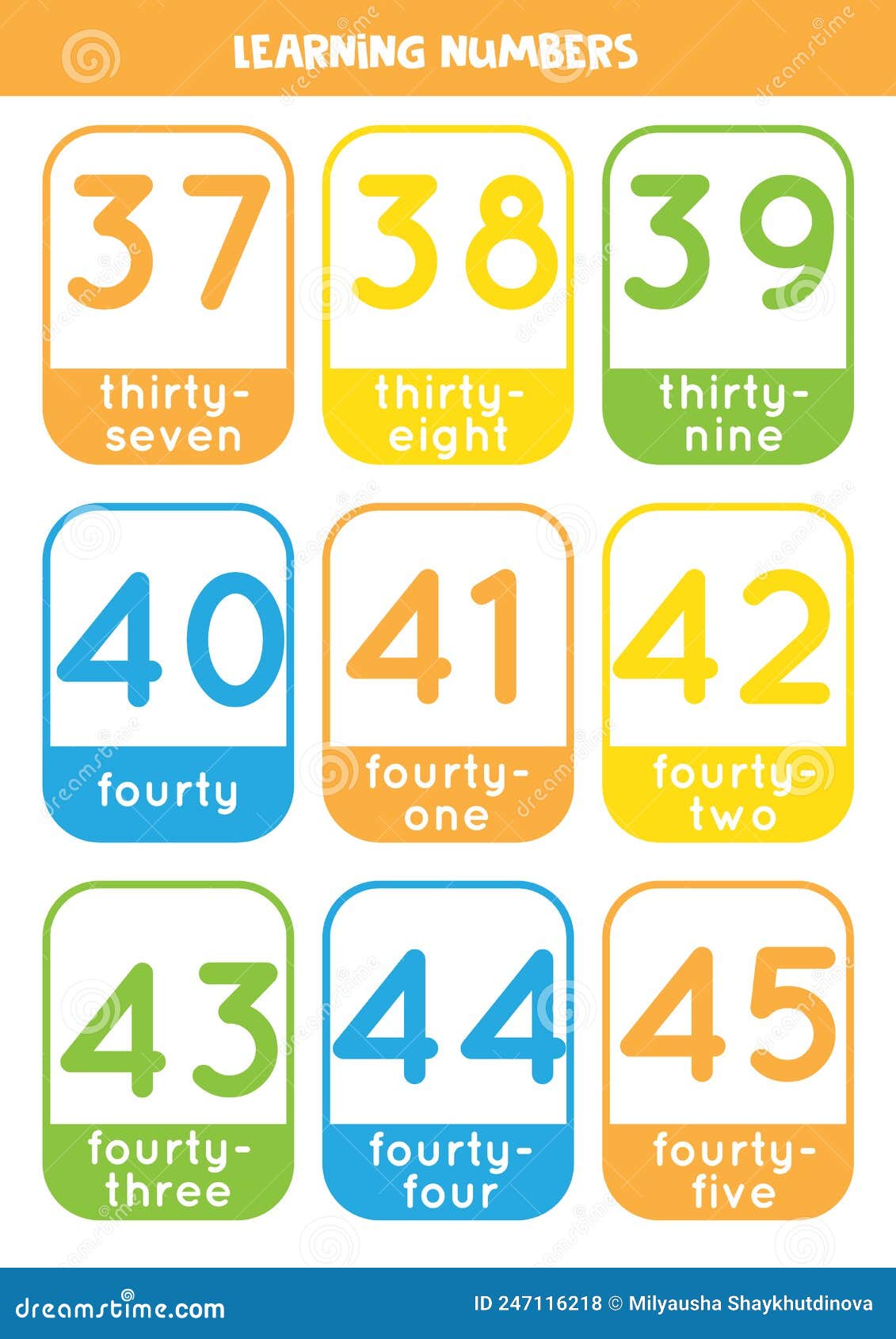 Learning Numbers Cards from 37 To 45. Colorful Flashcards. Stock Vector ... Learning Numbers Cards from 37 To 45. Colorful Flashcards. Stock Vector ...