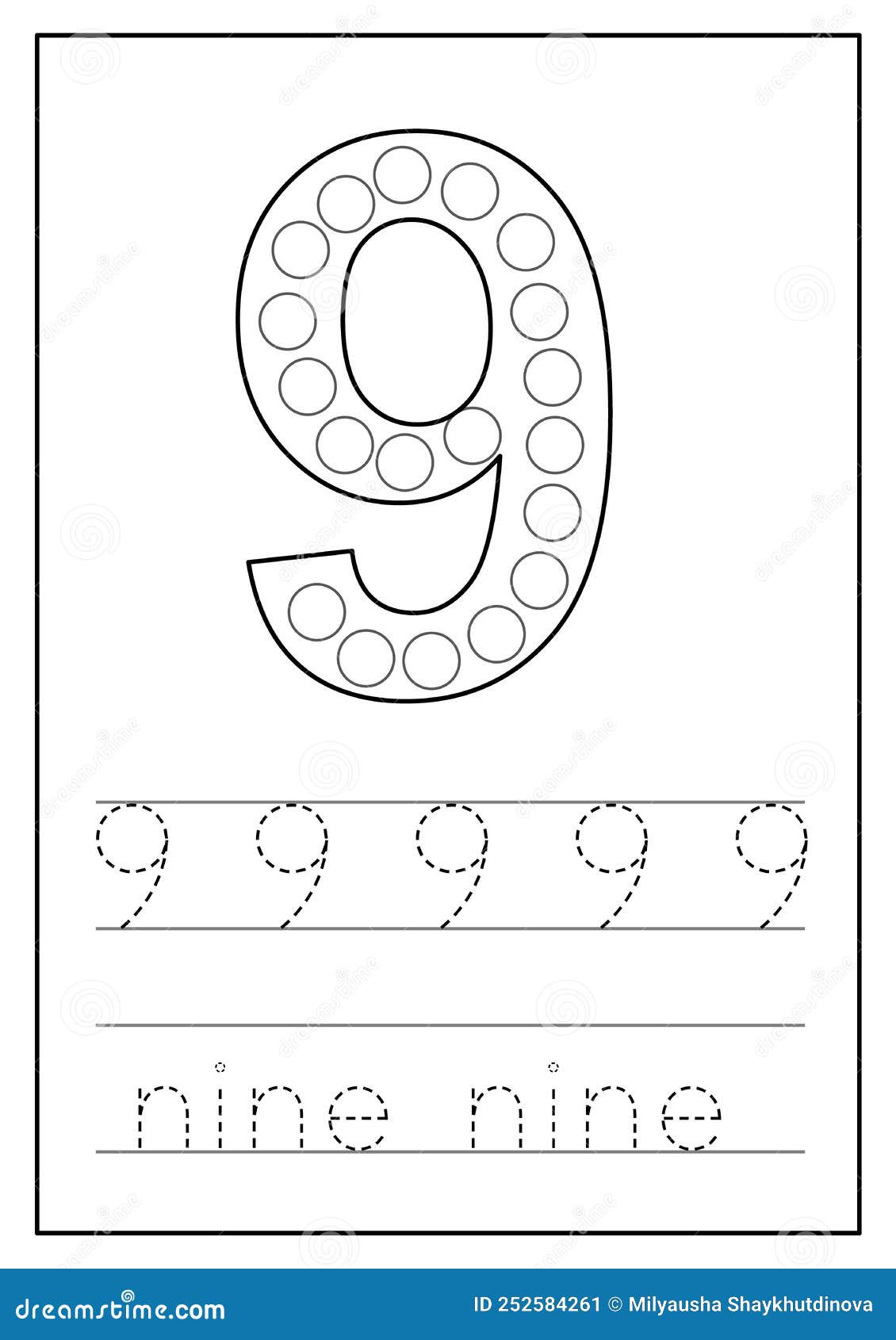 Learning Numbers for Kids. Number Nine. Math Worksheet. Stock Vector ...