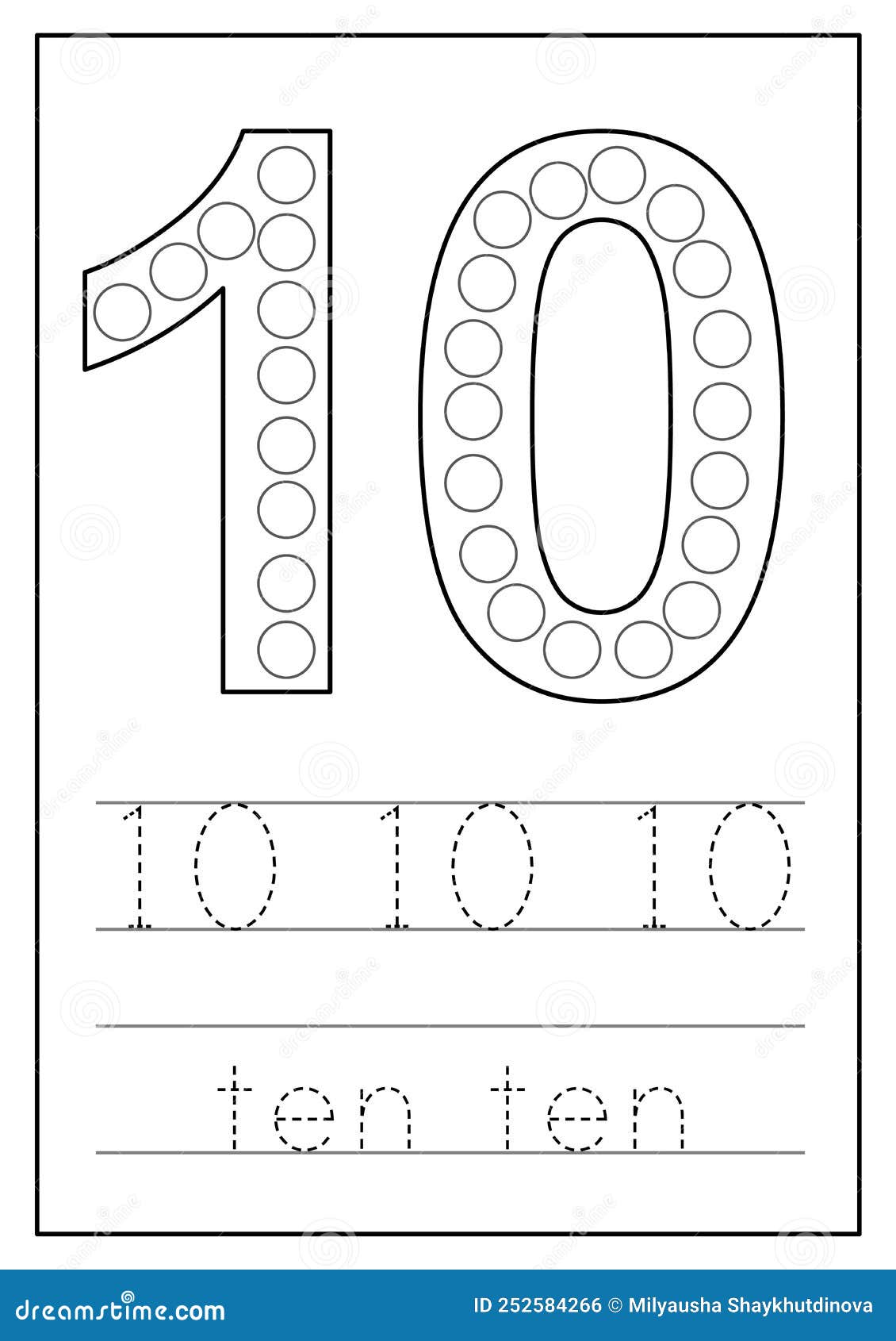 Learning Numbers for Kids. Number Ten. Math Worksheet. Stock Vector ...