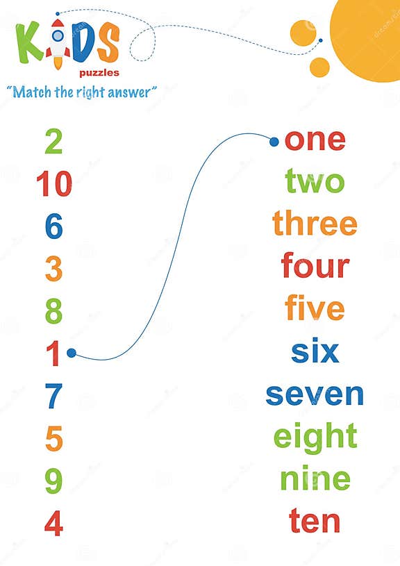 Learning Numbers Worksheet. Math Worksheet Match the Right Answer Stock ...