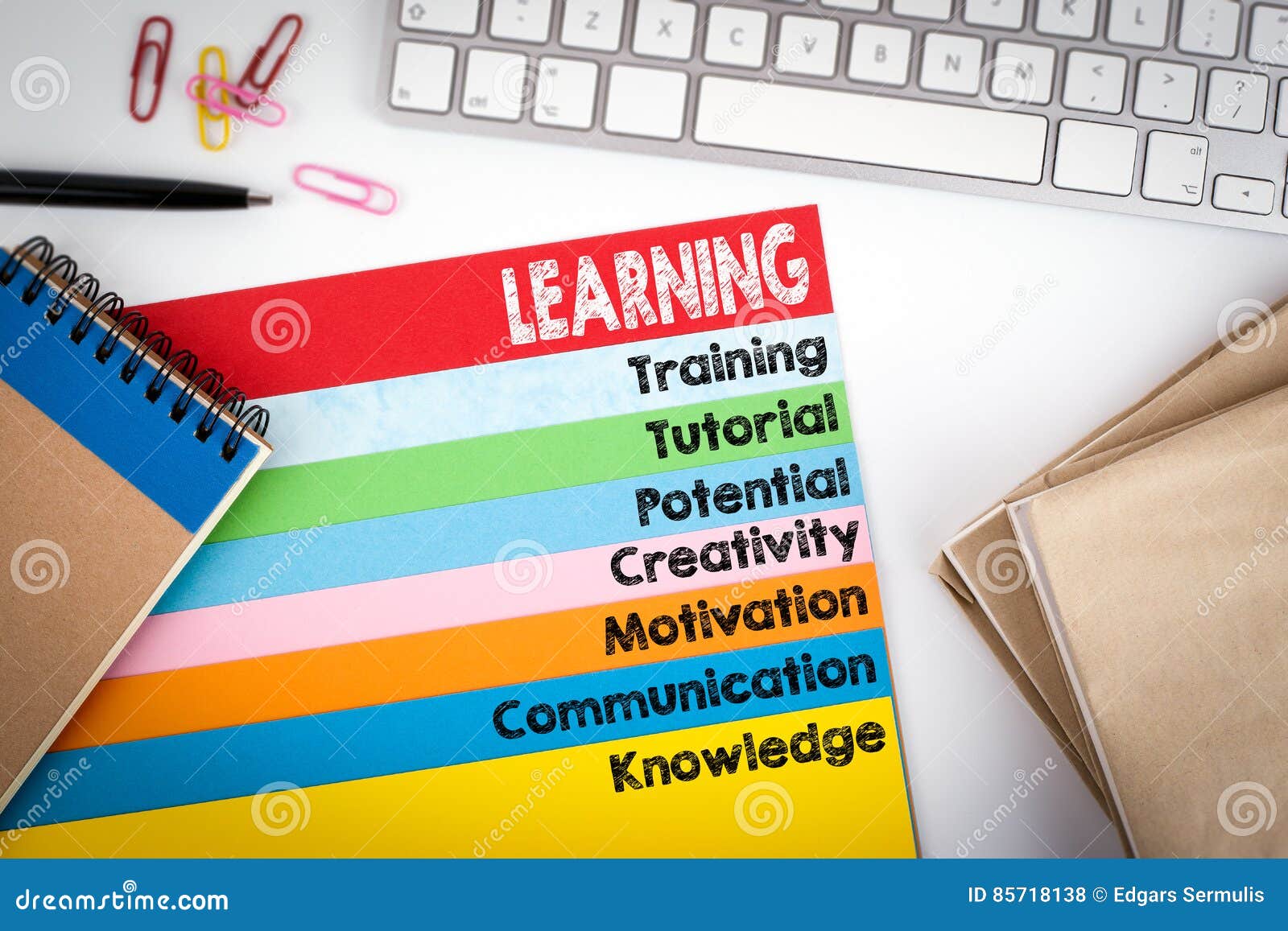 Learning. Office Desk with a Computer Keyboard and Color Pages Stock ...