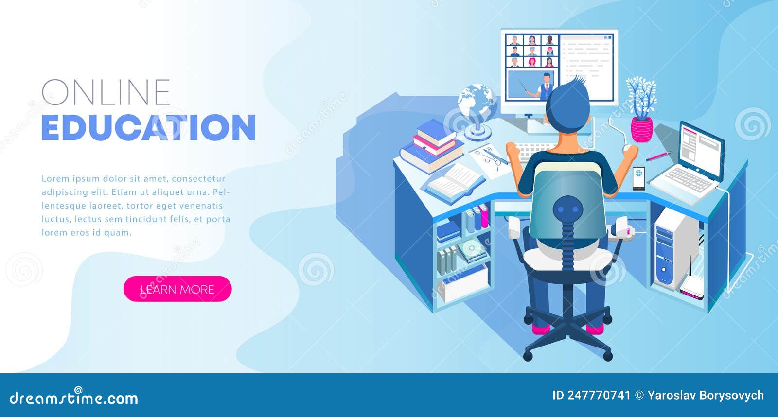 Learning Online at Home. Student Sitting at Desk and Looking at ...