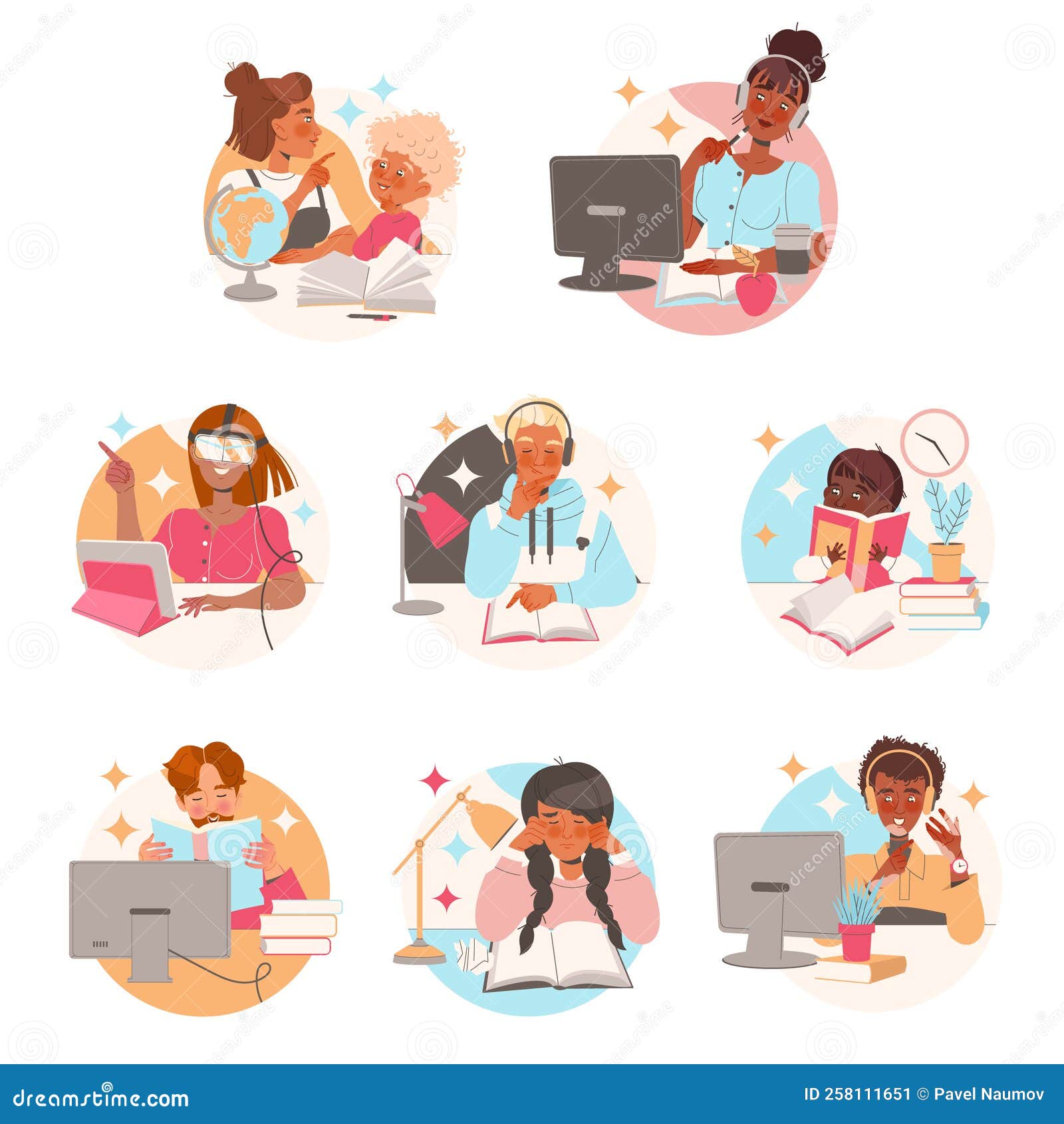 Learning People Character Sitting at Desk with Book and Computer ...