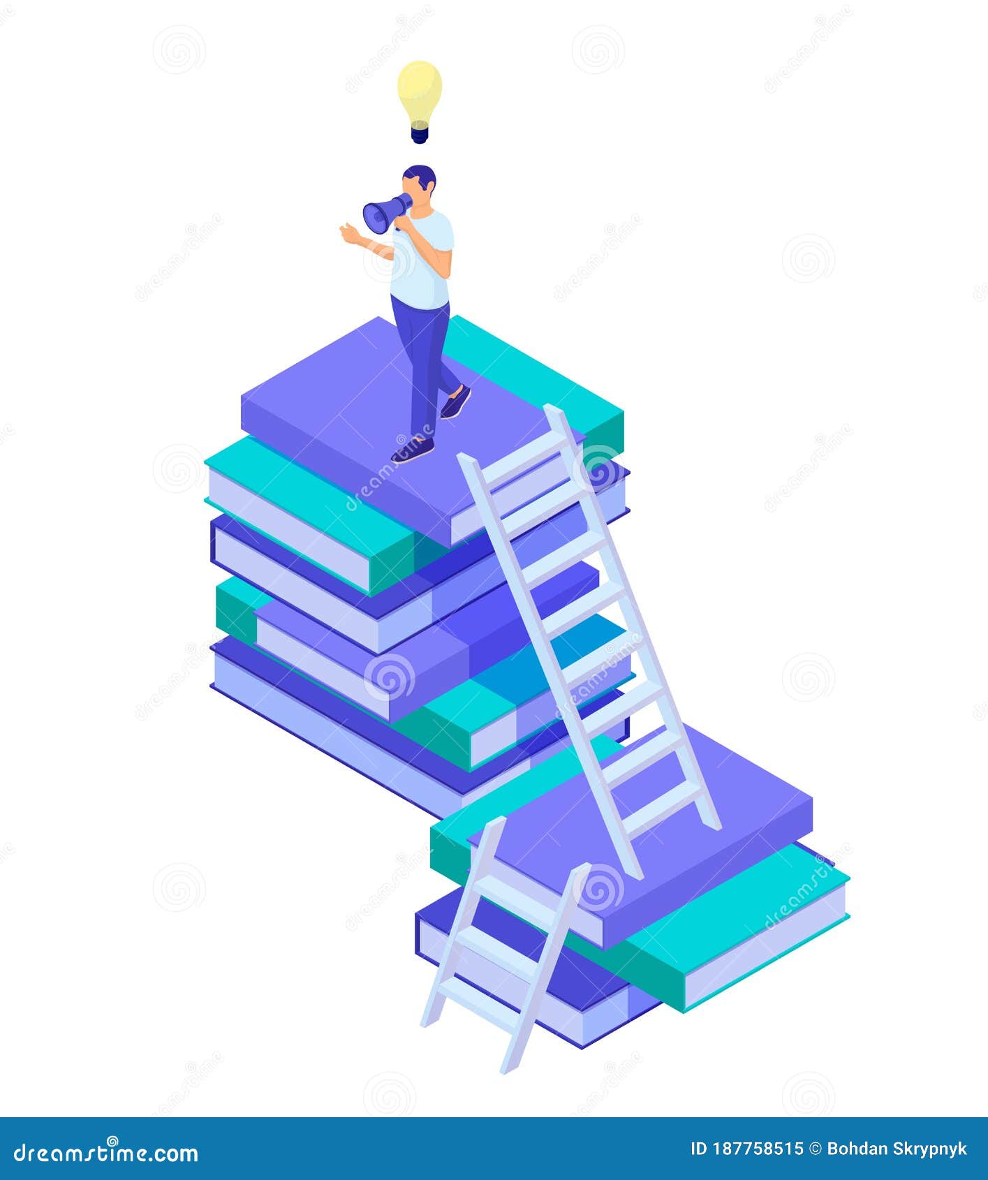 Learning Process Isometric Concept. Character Climbed Stairs from Books ...