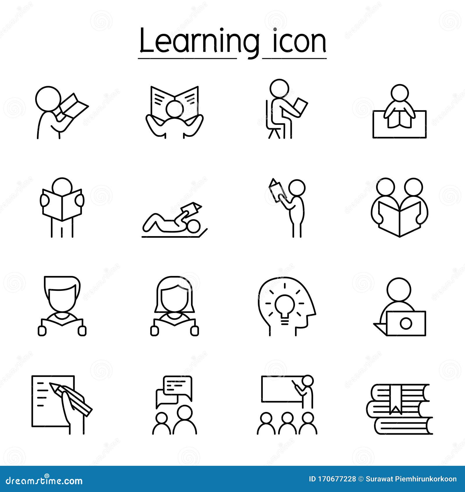 Learning & Reading Icon Set in Thin Line Style Stock Vector ...