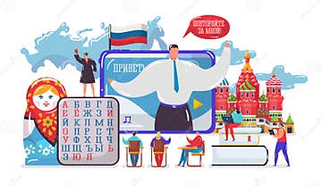 Learning Russian Language Vector Illustration, Cartoon Flat Tiny ...