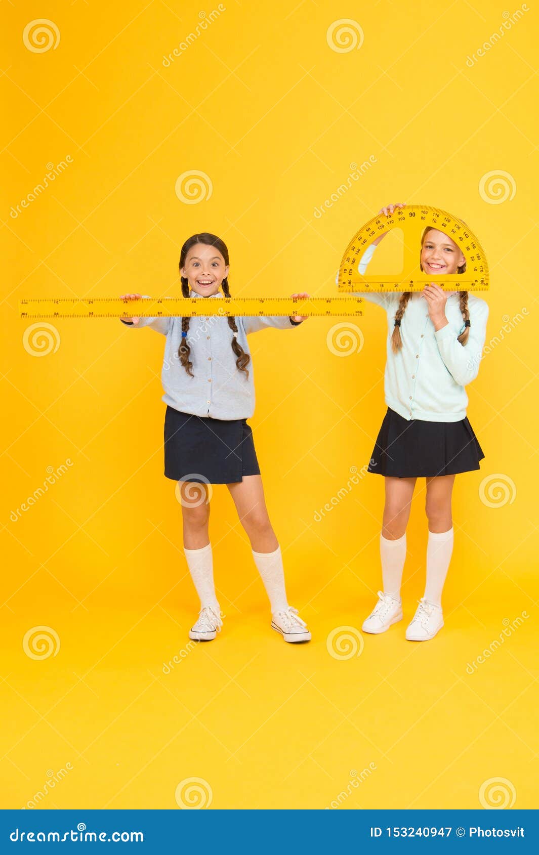 Learning School Geometry. School Children With Measuring Instruments On ...