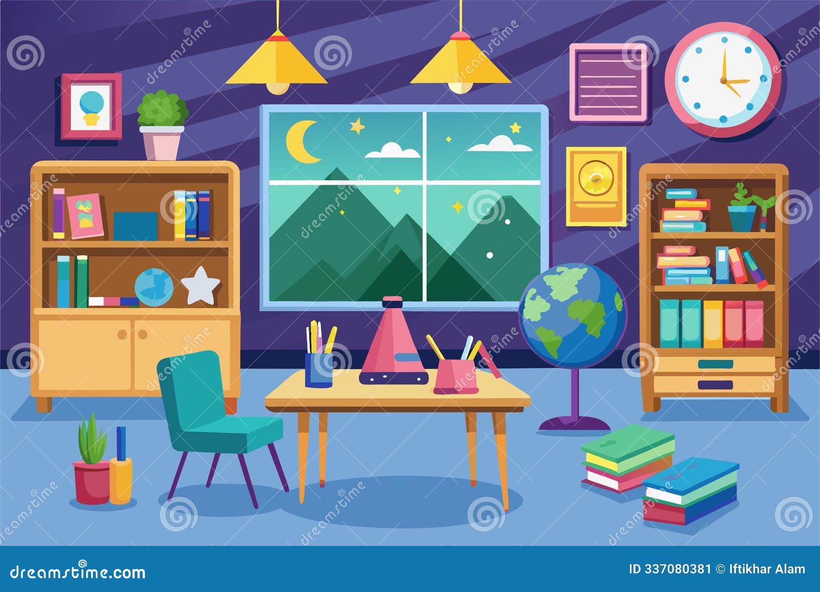 This Learning Space Features Bookshelves, a Globe, and a Colorful Table ...