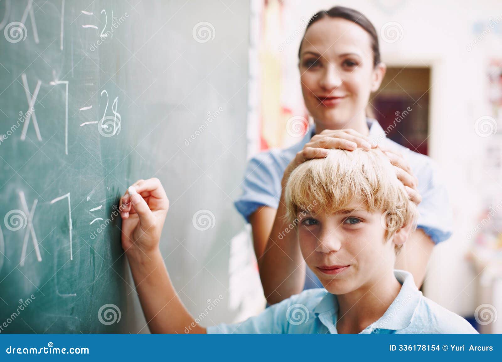 Learning, Teacher or Boy Portrait at Chalkboard in Classroom for ...