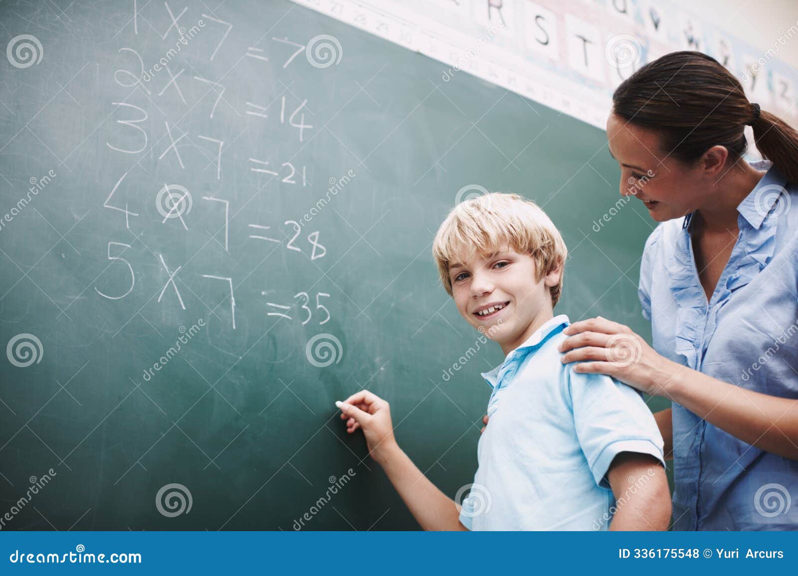 Learning, Teacher or Student Portrait at Chalkboard in Classroom for ...