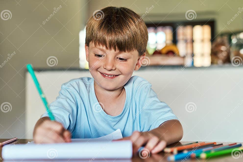 Learning, Writing and Boy with Homework, Education and Creative ...