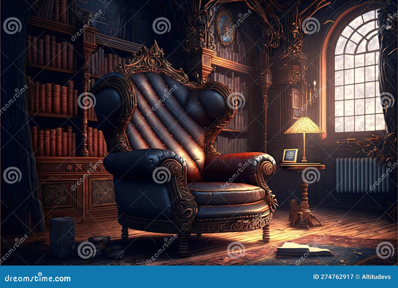 Leather Armchair in Old Magic Library Stock Illustration - Illustration ...