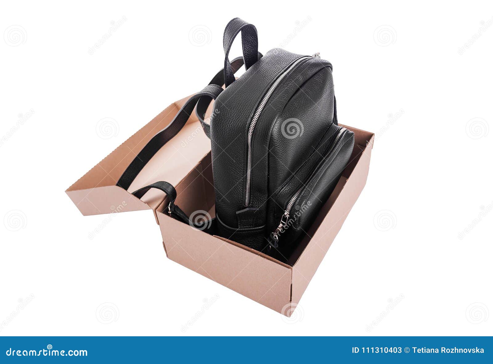 Leather Backpack in a Cardboard Box. Stock Image - Image of container ...