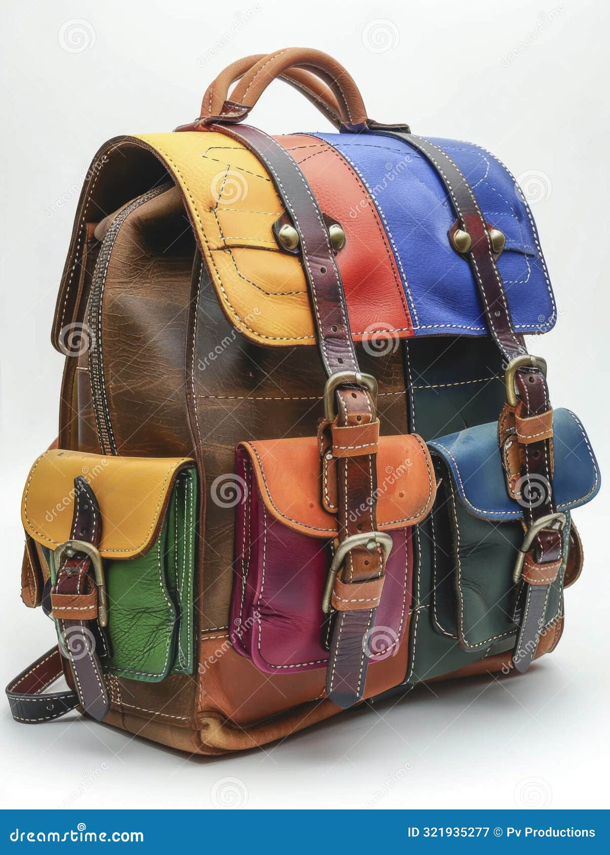 Leather Backpack Made of Patches of Different Colors on White Isolated ...