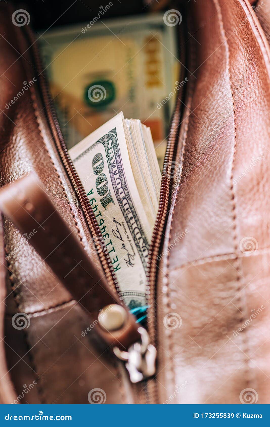 Leather Bag with Paper Money in Closeup Stock Image - Image of note ...