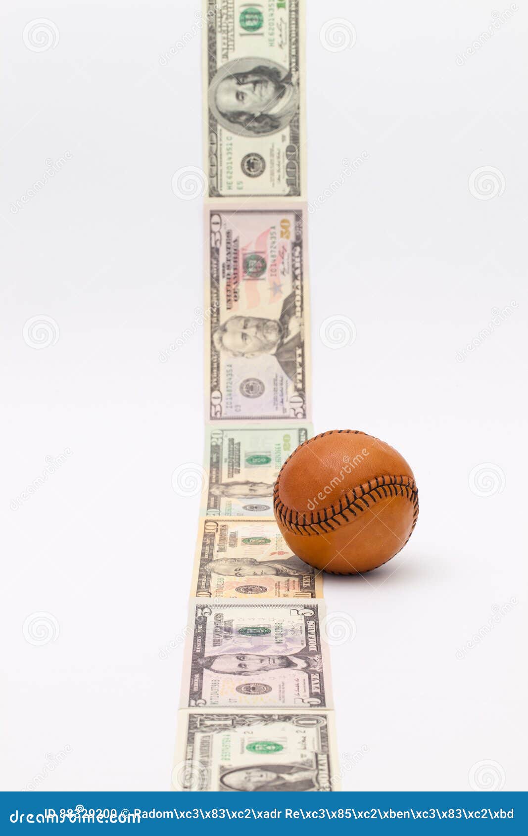 Leather Baseball Ball and US Money on the White Table Stock Photo ...