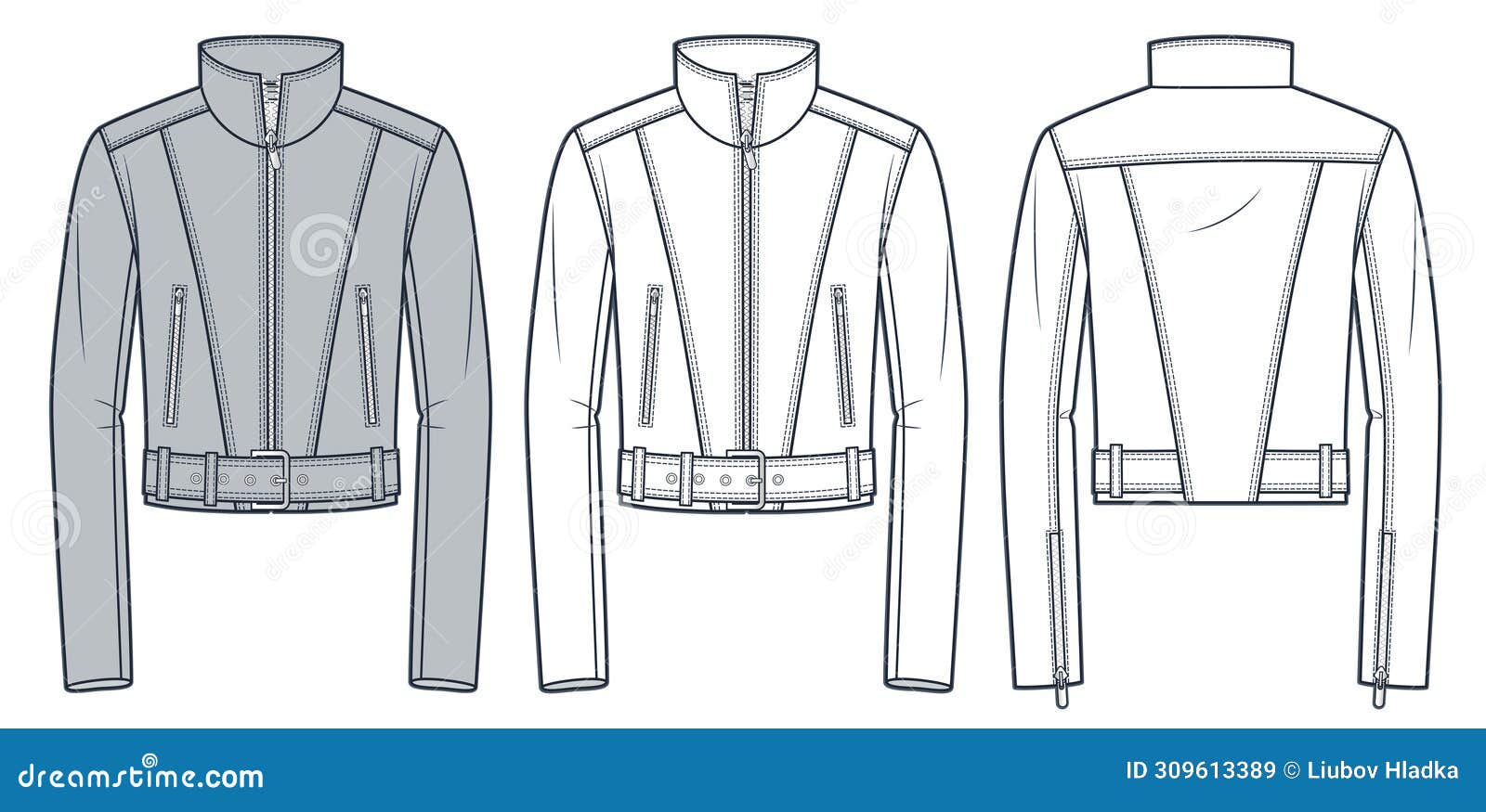 Leather Belted Jacket Fashion Flat Technical Drawing Template Unisex