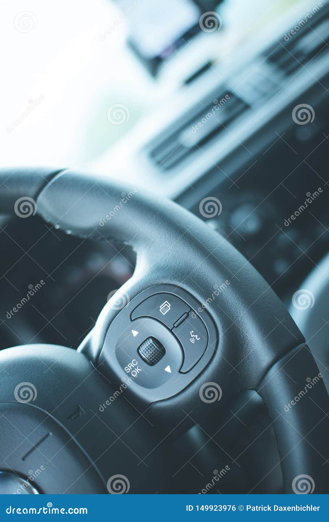 Leather-black Steering Wheel with Remote Control, Modern Car, Blurry ...