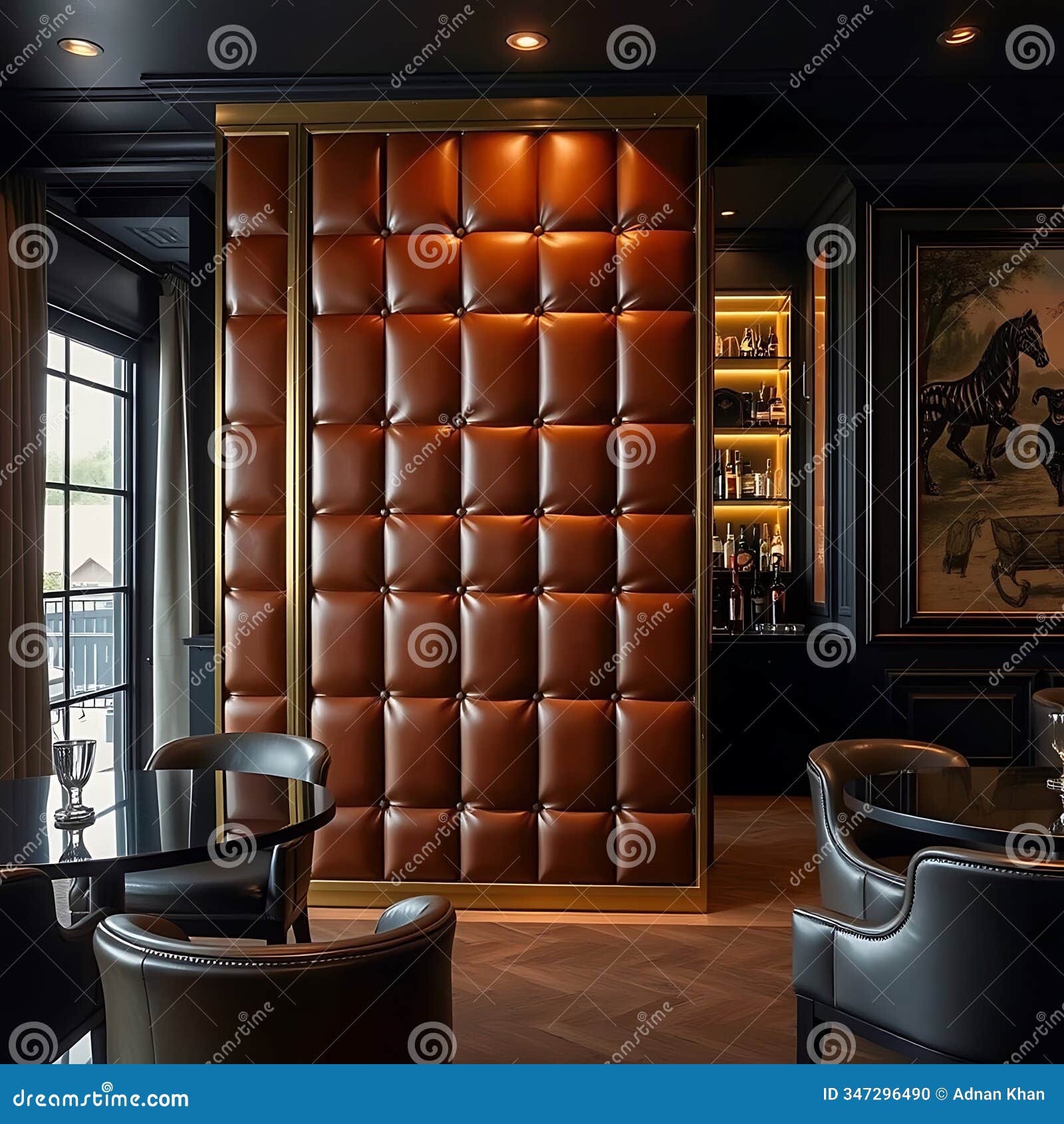 A Leather and Brass Partition Screen in a Sophisticated Home Bar Area ...