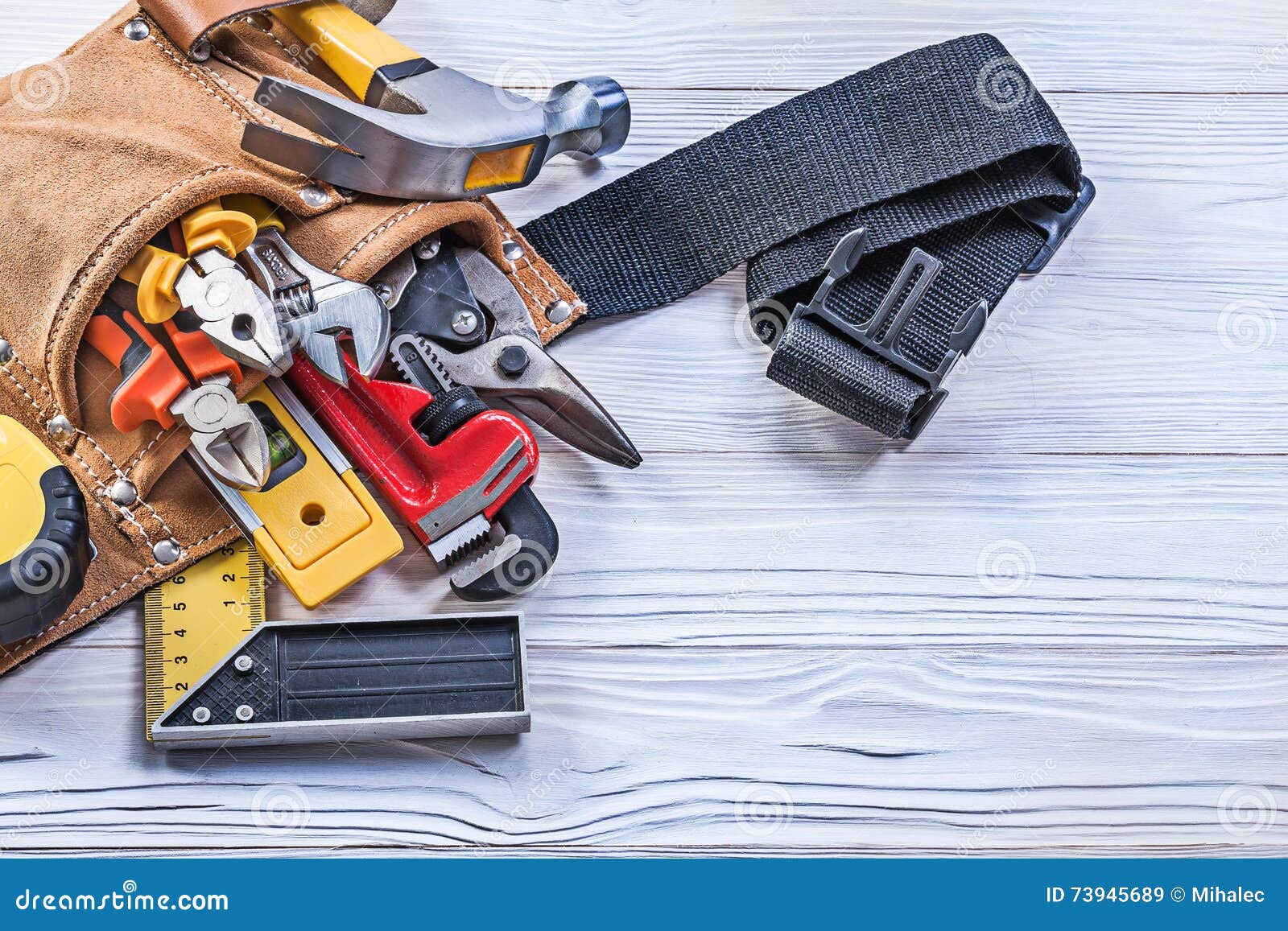 Leather Building Belt with Construction Tools on Wooden Board Di Stock ...
