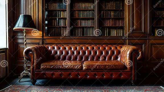 A Leather Chesterfield Sofa in a Classic Library Setting Stock ...