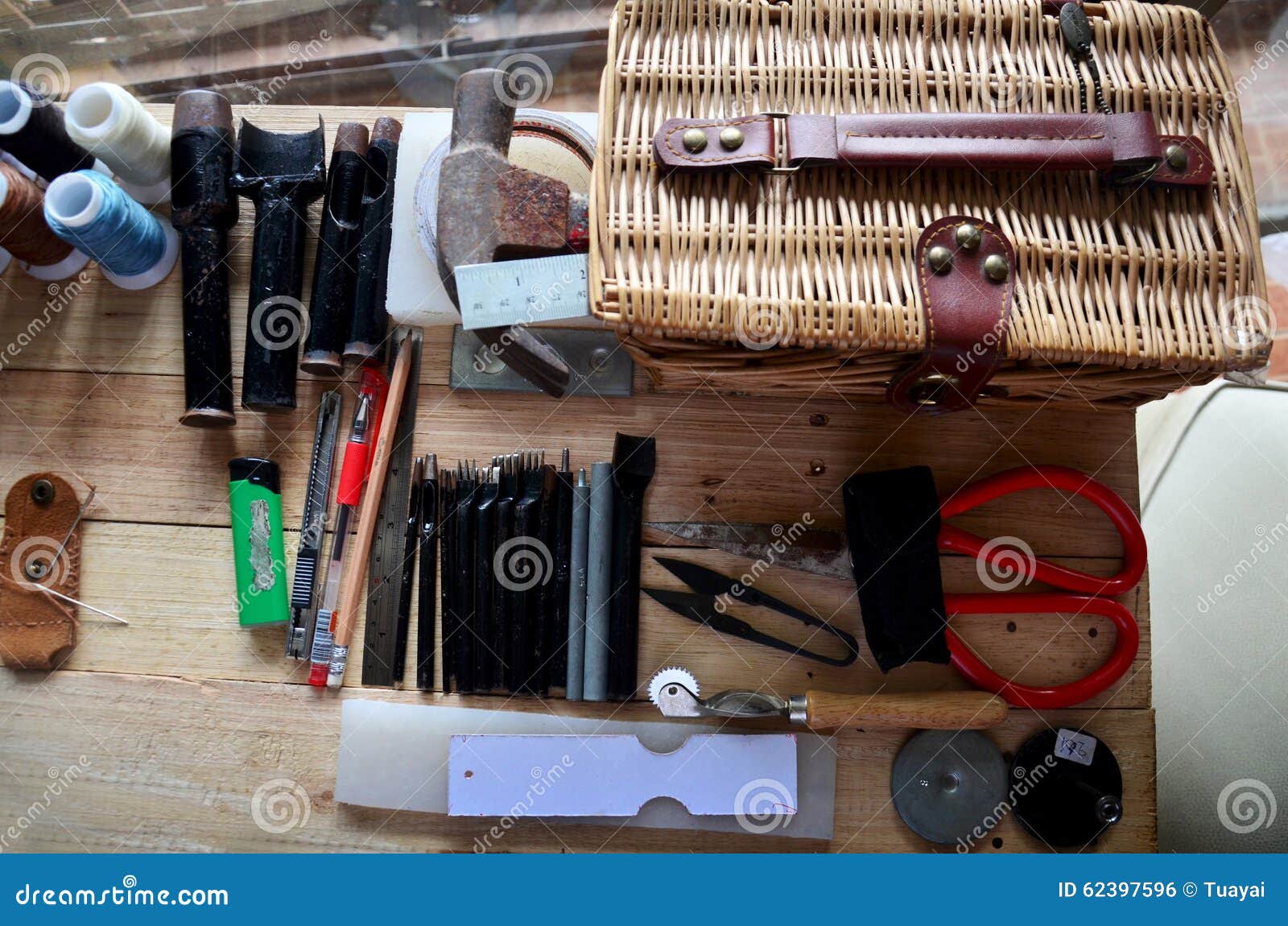 Leather Craft Tools for Handmade Key Ring and Small Bag Stock Photo ...