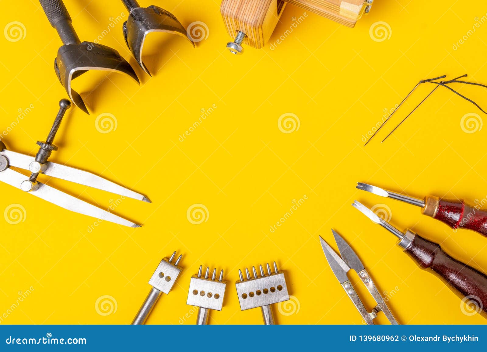 Leather Craft Tools on a Yellow Background with Empty Space for Text ...