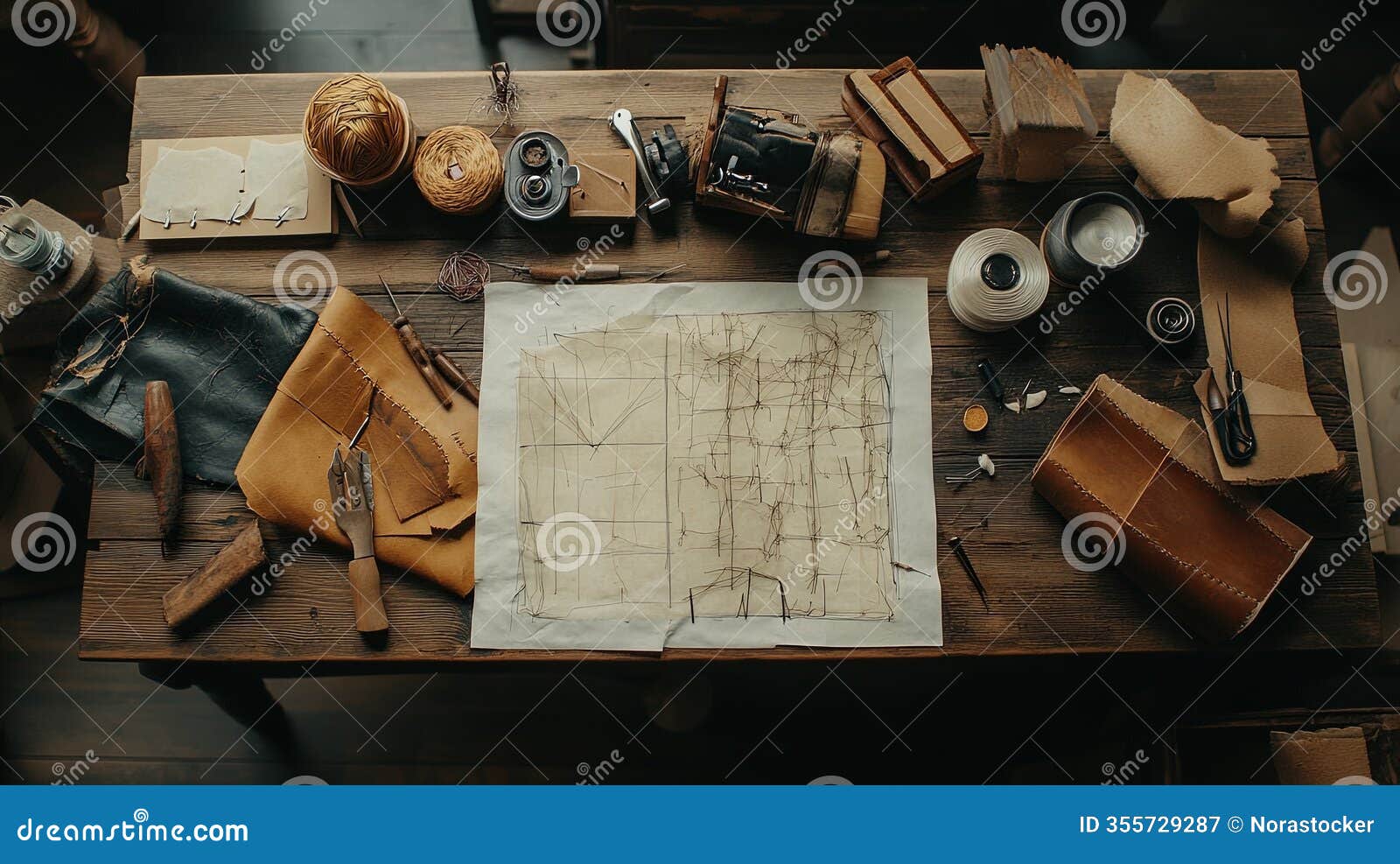 A Leather Crafting Station with Patterns, Thread, and Needles Laid Out ...