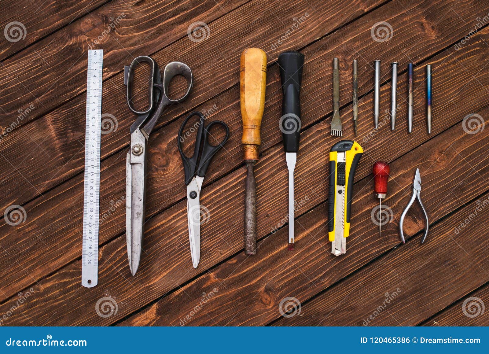 Leather Crafting, Tools Flat Lay Still Life Stock Photo - Image of ...