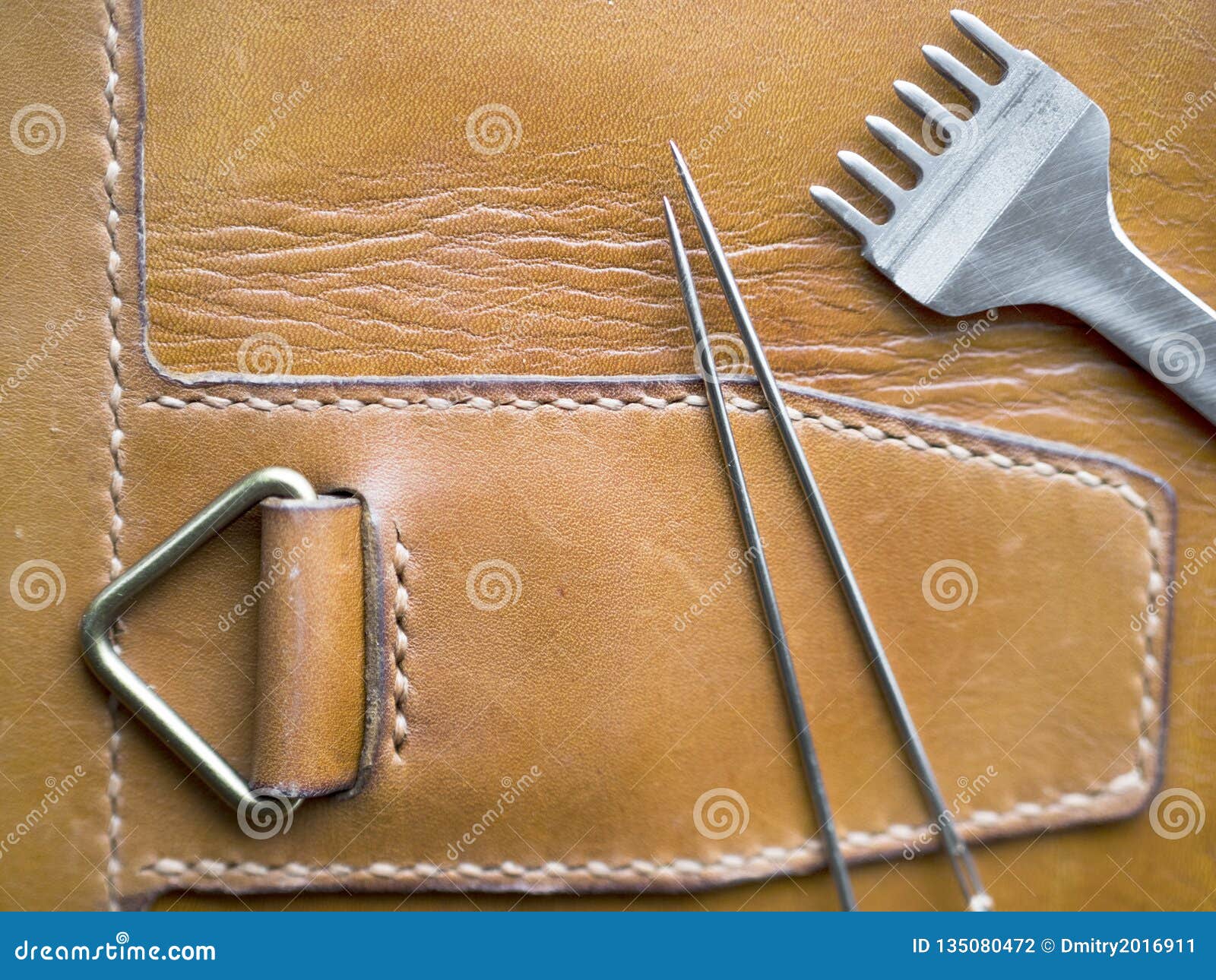 Leather Craftsman Tools on Tan Leather. Sewing Line. Leather Craft and ...