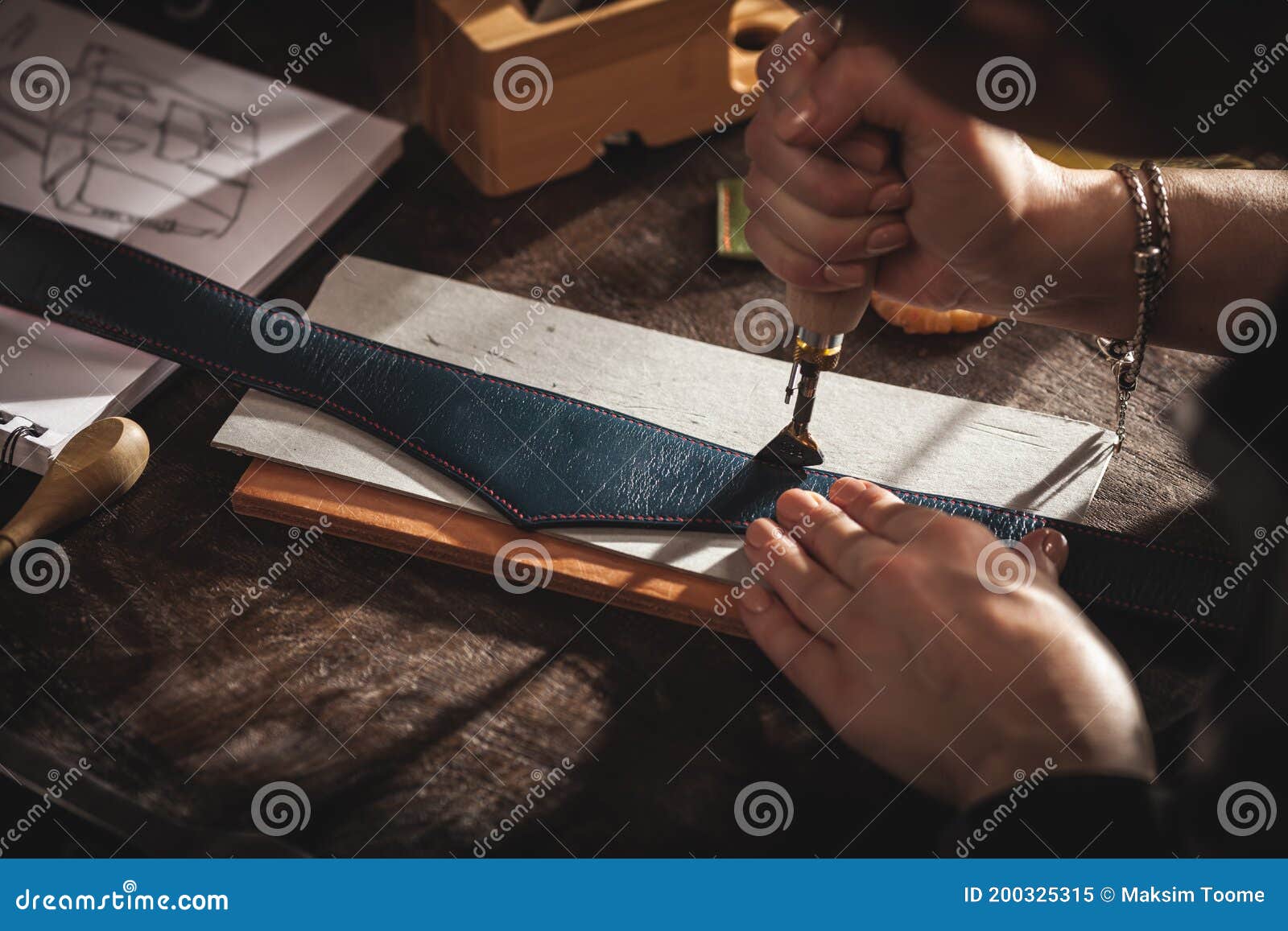 Leather Handbag Craftsman at Work in a Vintage Workshop. Small Business ...